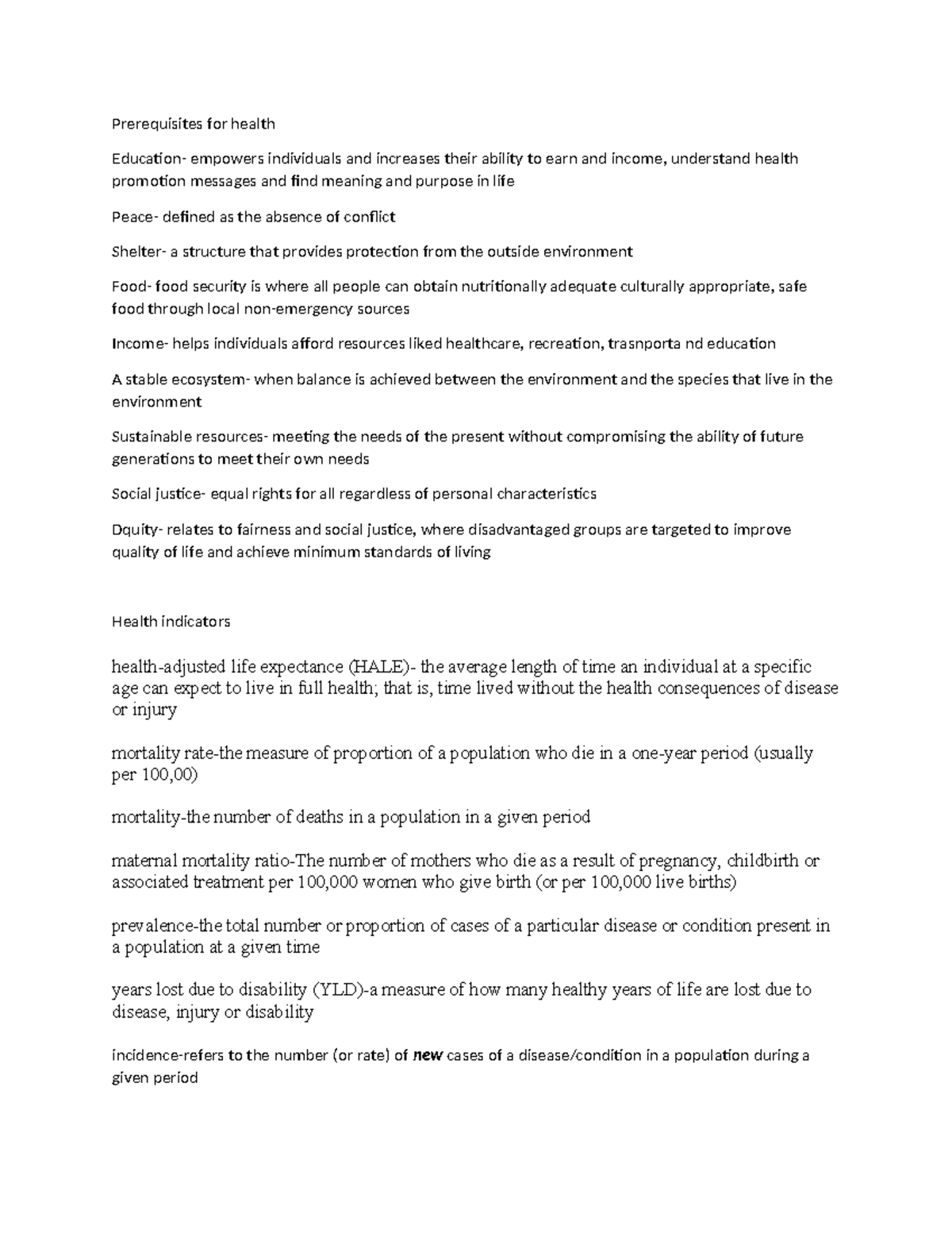 Health Summary Sheet - Prerequisites for health Education- empowers ...