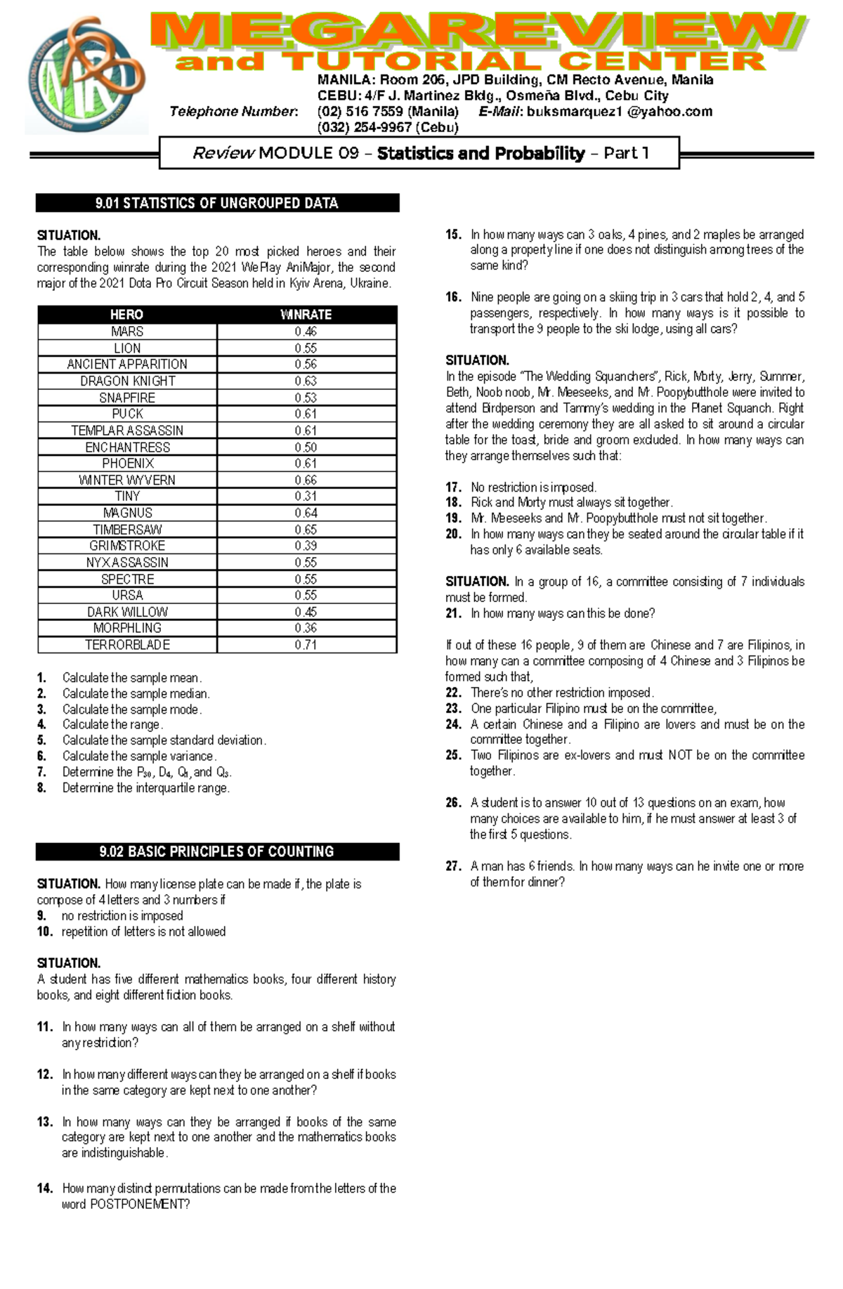 Review Module 09 - Probability and Statistics - Part 1 - MANILA: Room ...