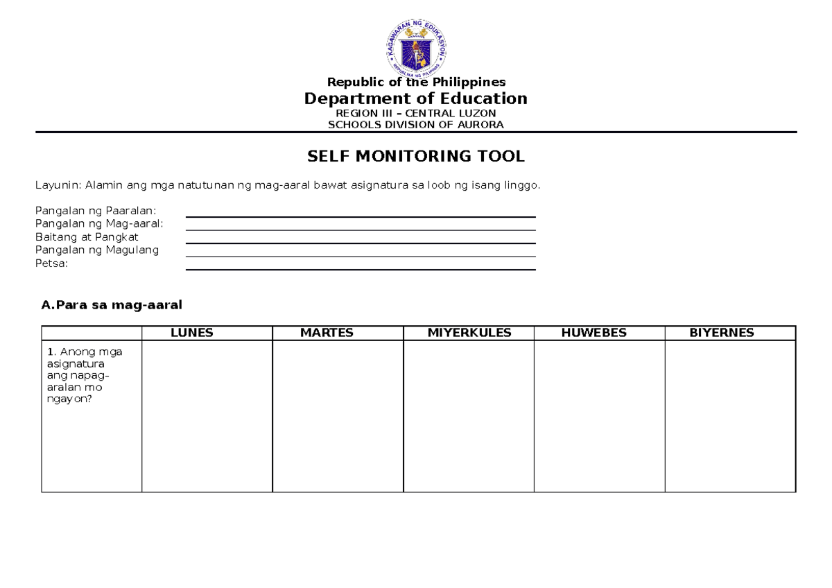 SELF- Monitoring-TOOL - Republic of the Philippines Department of ...