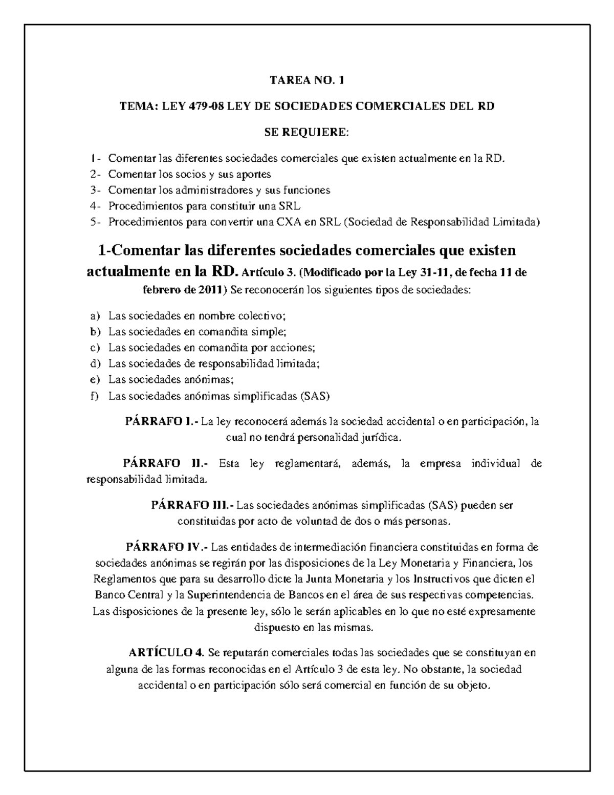 Derecho comercial y societario II- Tarea 1 - TAREA NO. 1 TEMA: LEY 479 ...