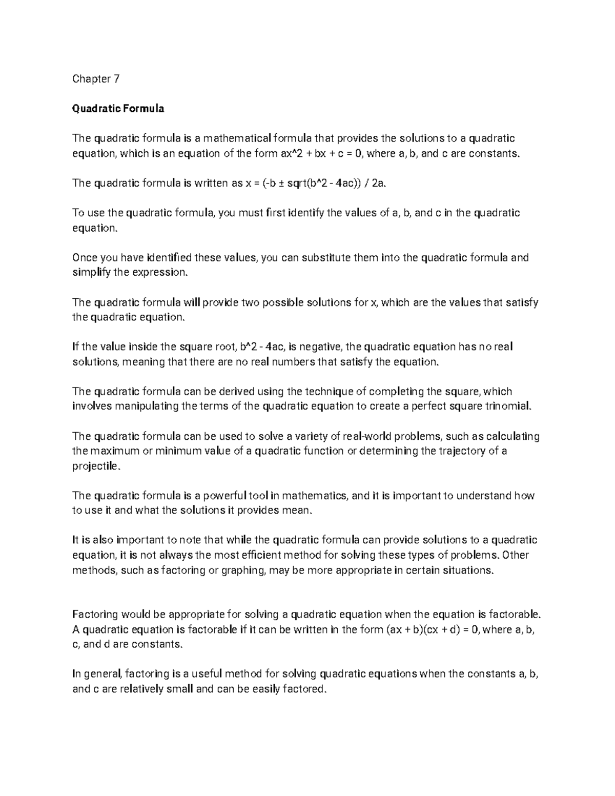 Chapter 7.4 Quadratic Formula - Chapter 7 Quadratic Formula The ...