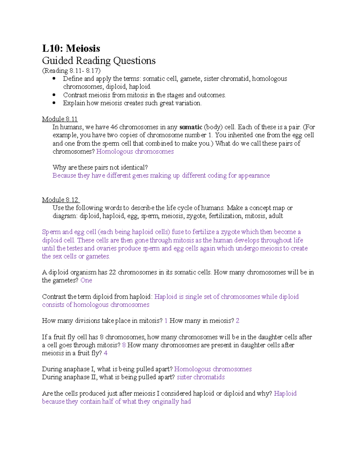 Lesson 10 GRQs Meiosis - L10: Meiosis Guided Reading Questions (Reading ...
