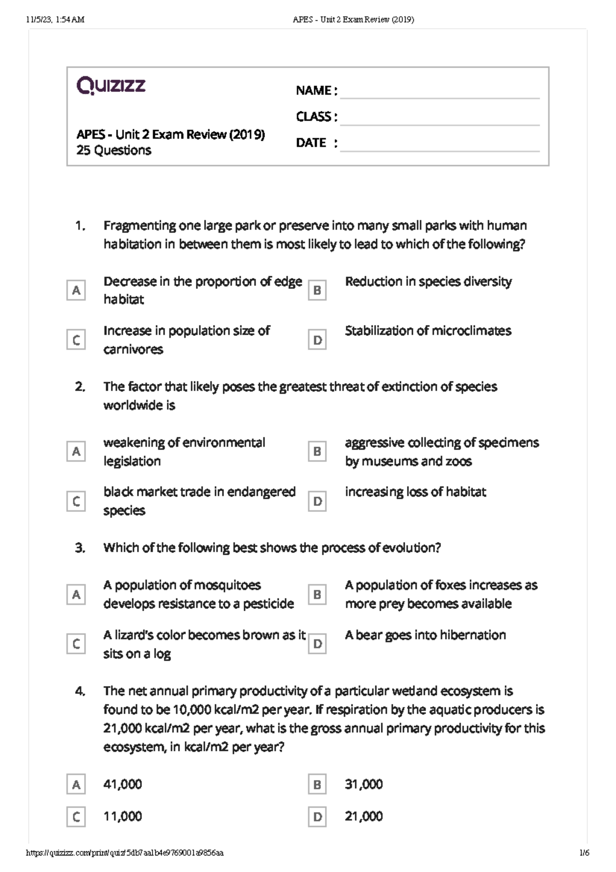 APES - Unit 2 Exam Review (2019 ) - APES - Unit 2 Exam Review (2019) 25 ...