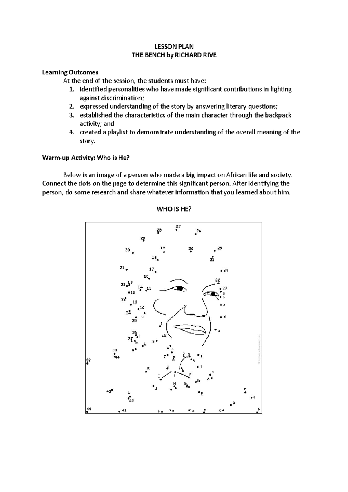 Lesson Plan for The Bench - LESSON PLAN THE BENCH by RICHARD RIVE ...