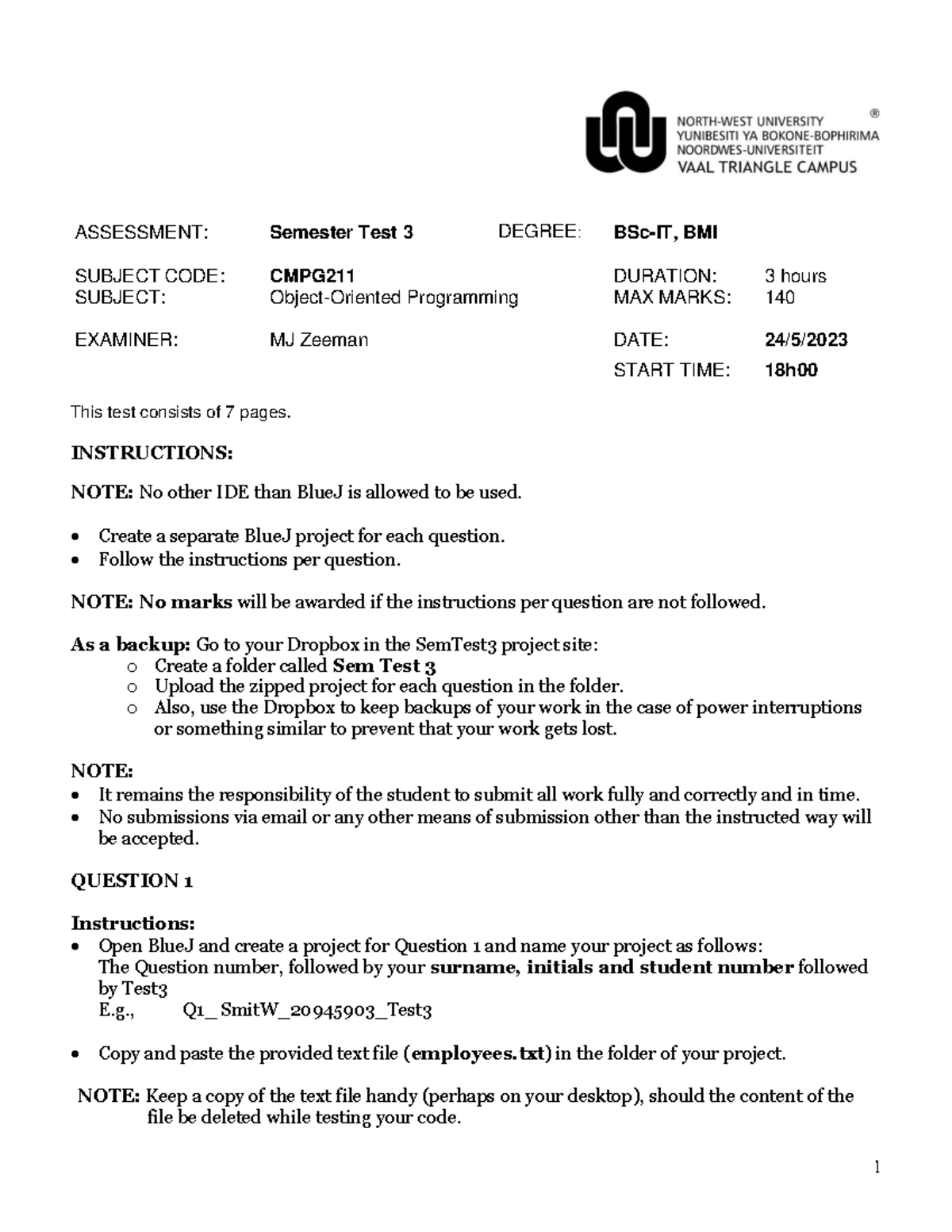 CMPG 211 Sem Test 3 2023 1 - ASSESSMENT: Semester Test 3 DEGREE: BSc-IT ...
