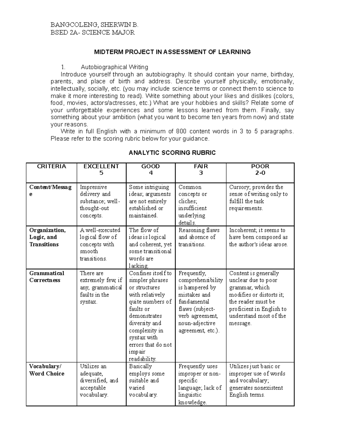 Composition Rubric - YES - BANGCOLENG, SHERWIN B. BSED 2A- SCIENCE ...