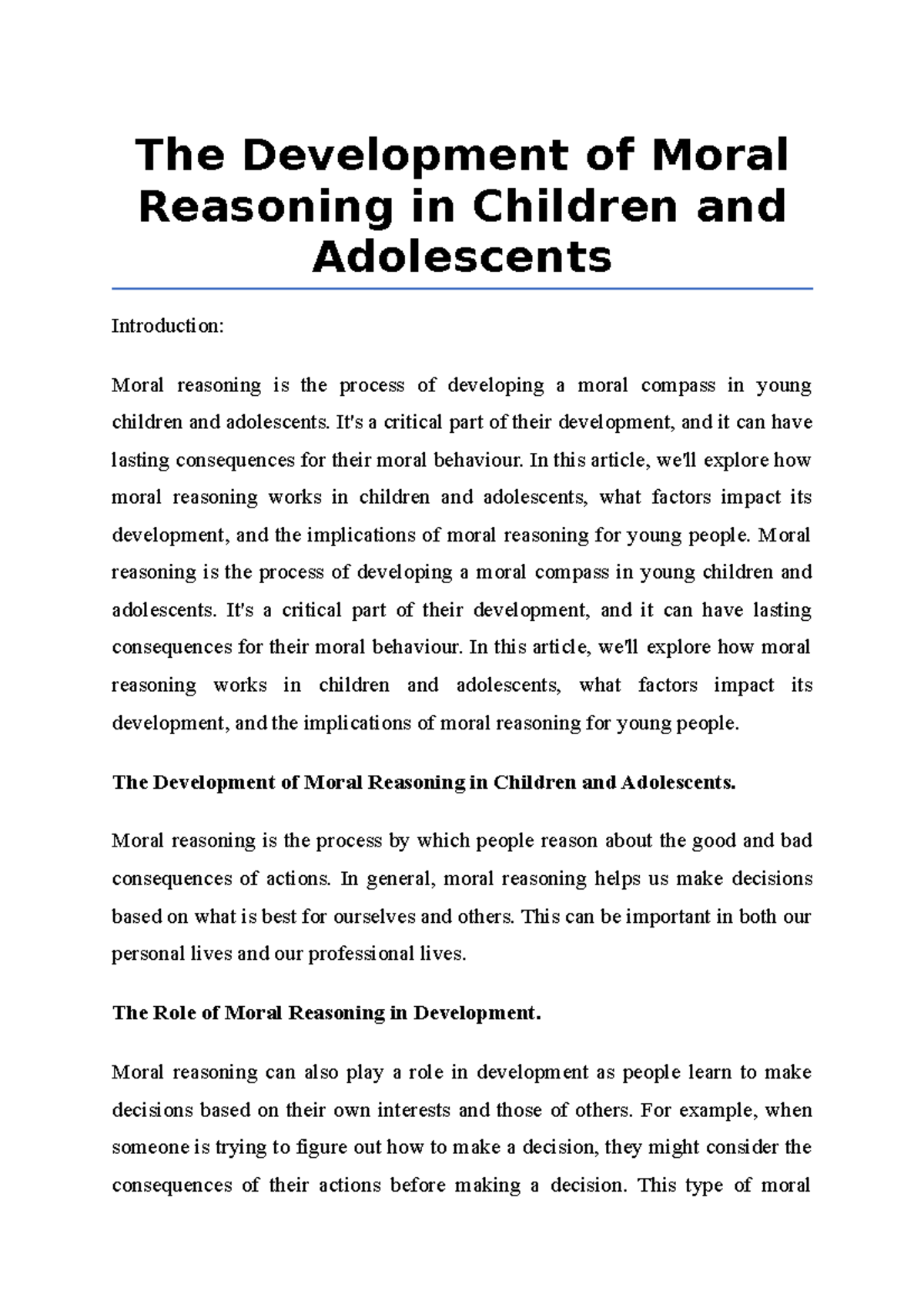 The Development of Moral Reasoning in Children and Adolescents - The ...