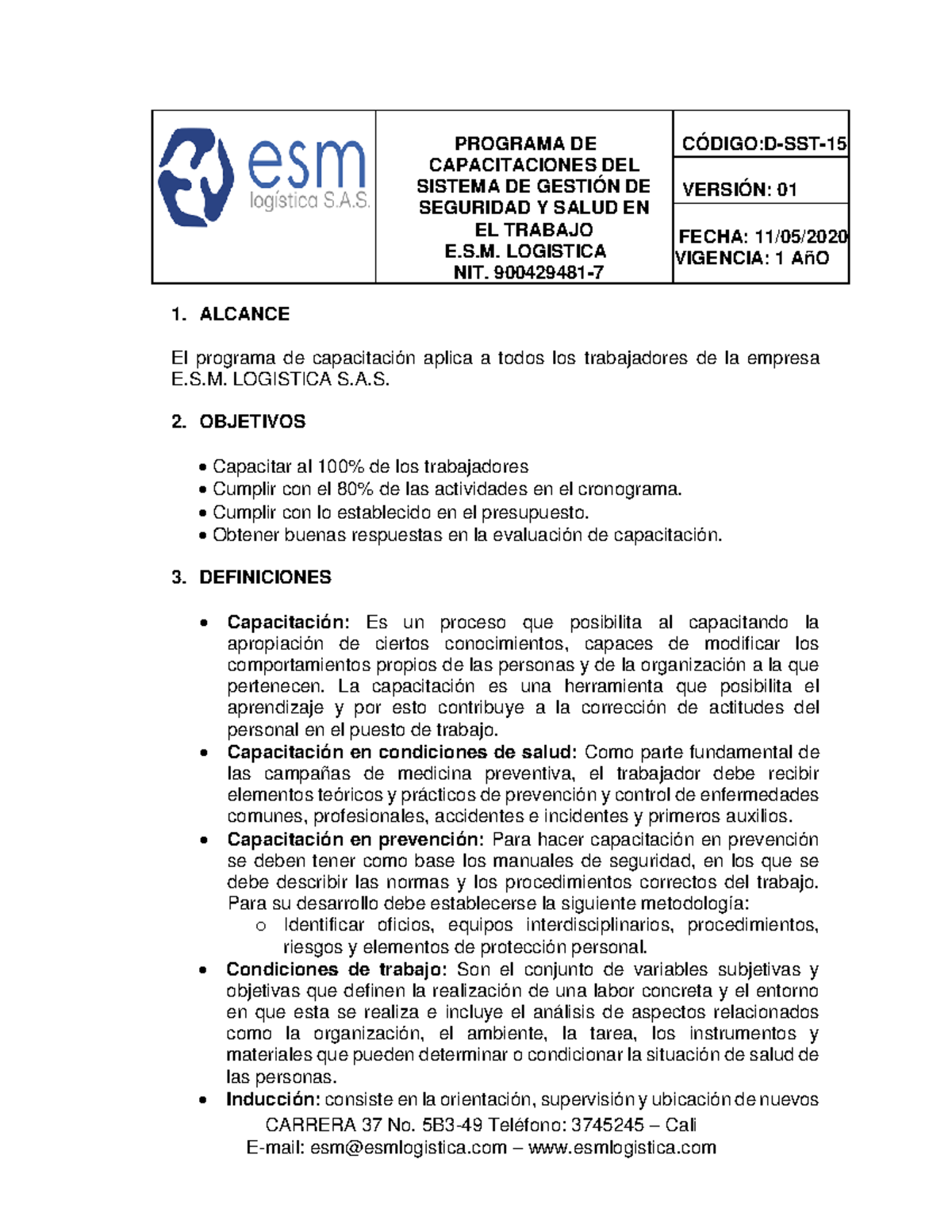 D-SST-15 Programa DE Capacitación DEL Sistema DE Gestión DE Seguridad Y ...