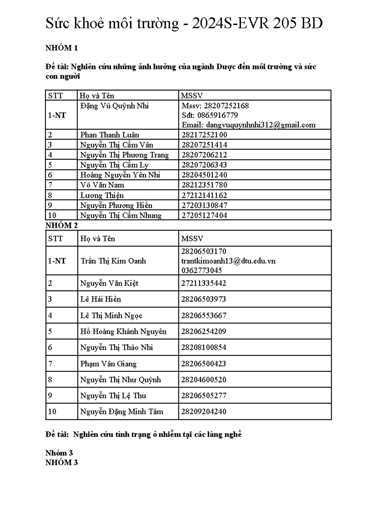Sức khoẻ môi trường - 2024S-EVR 205 BD Xuyen 25 - Sức khoẻ môi trường - 2024S-EVR 205 BD NHÓM 1 ...
