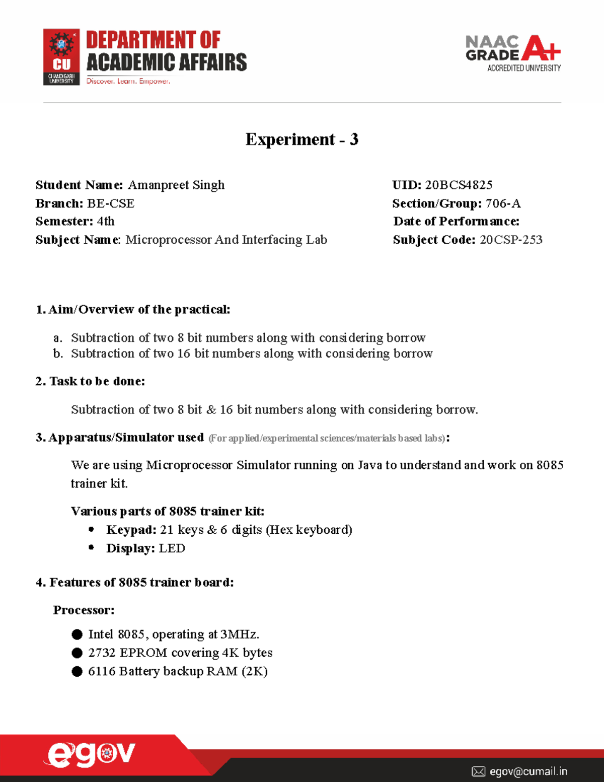 Microprocessor and Interfacing Lab Worksheet-3 20BCS4825 - Experiment - 3 Student Name ...