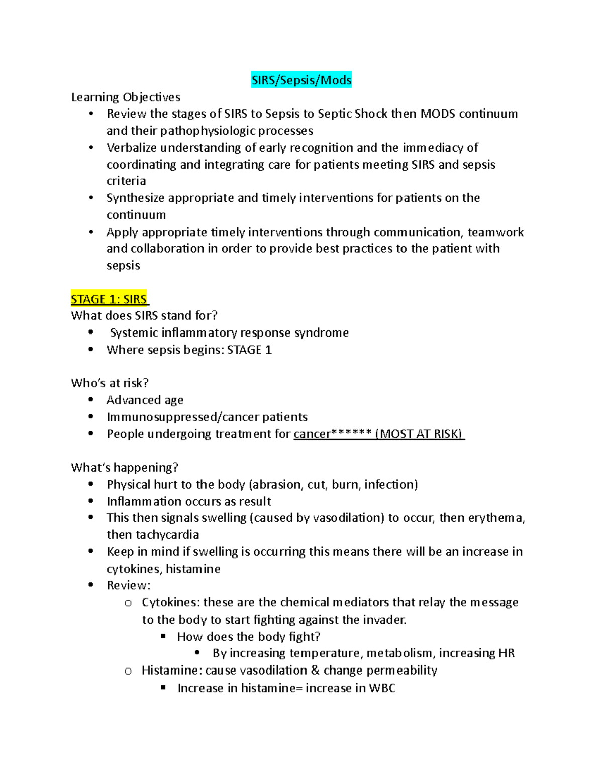 EXAM 2 Study Guide - SIRS/Sepsis/Mods Learning Objectives Review the ...