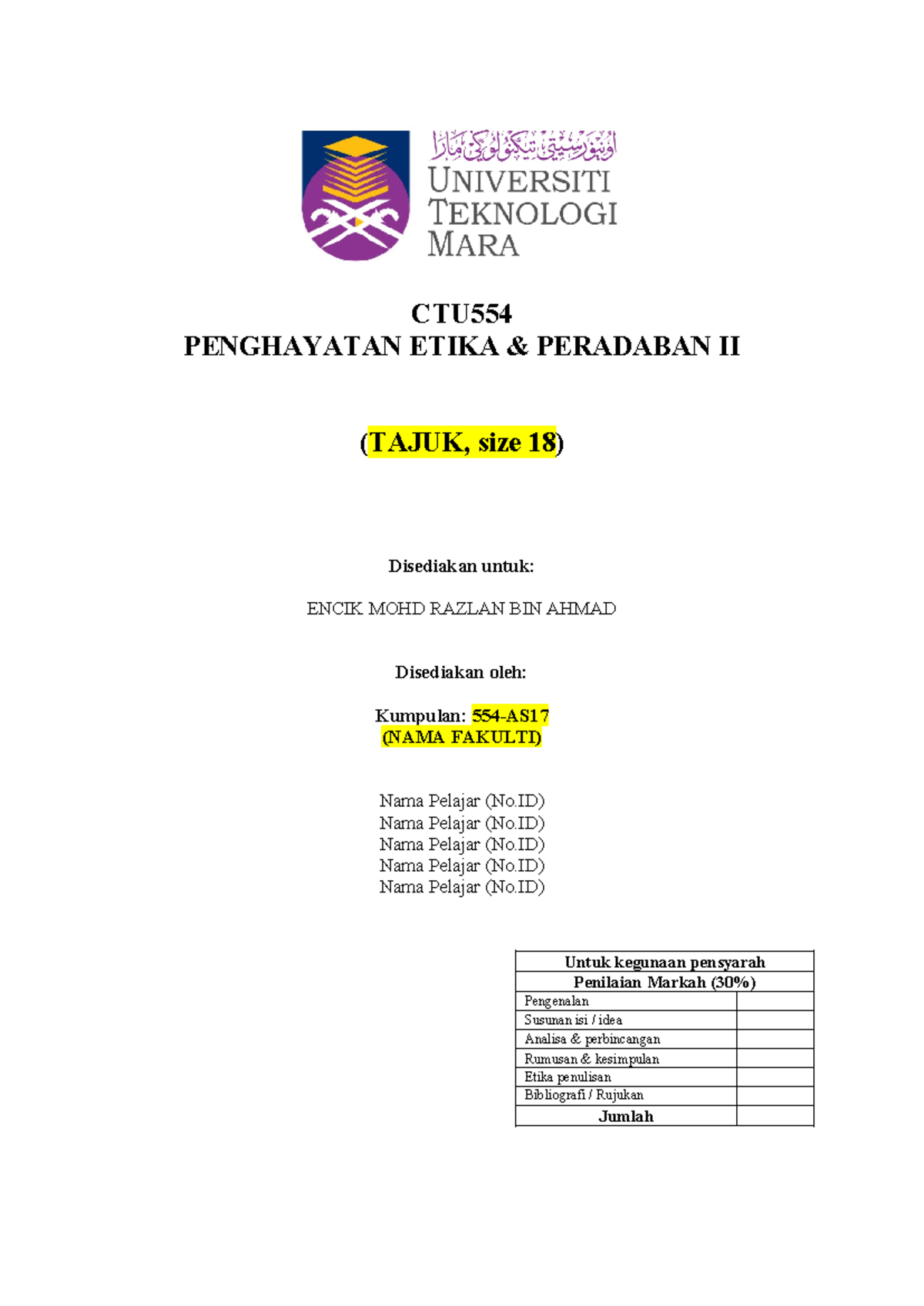 Cover Tugasan CTU554 - CTU PENGHAYATAN ETIKA & PERADABAN II (TAJUK ...