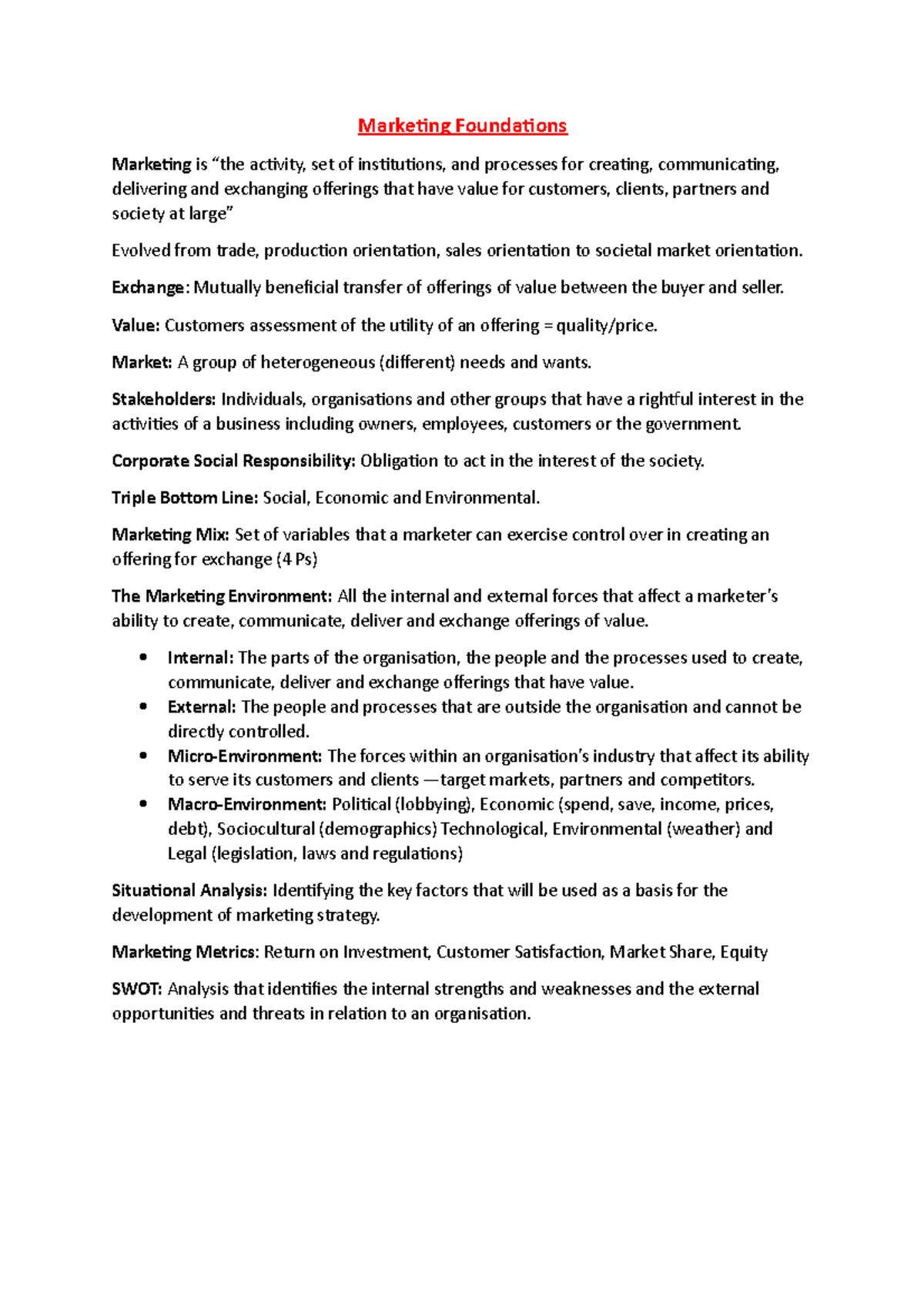 Marketing Notes - Marketing Foundations Marketing is “the activity, set ...