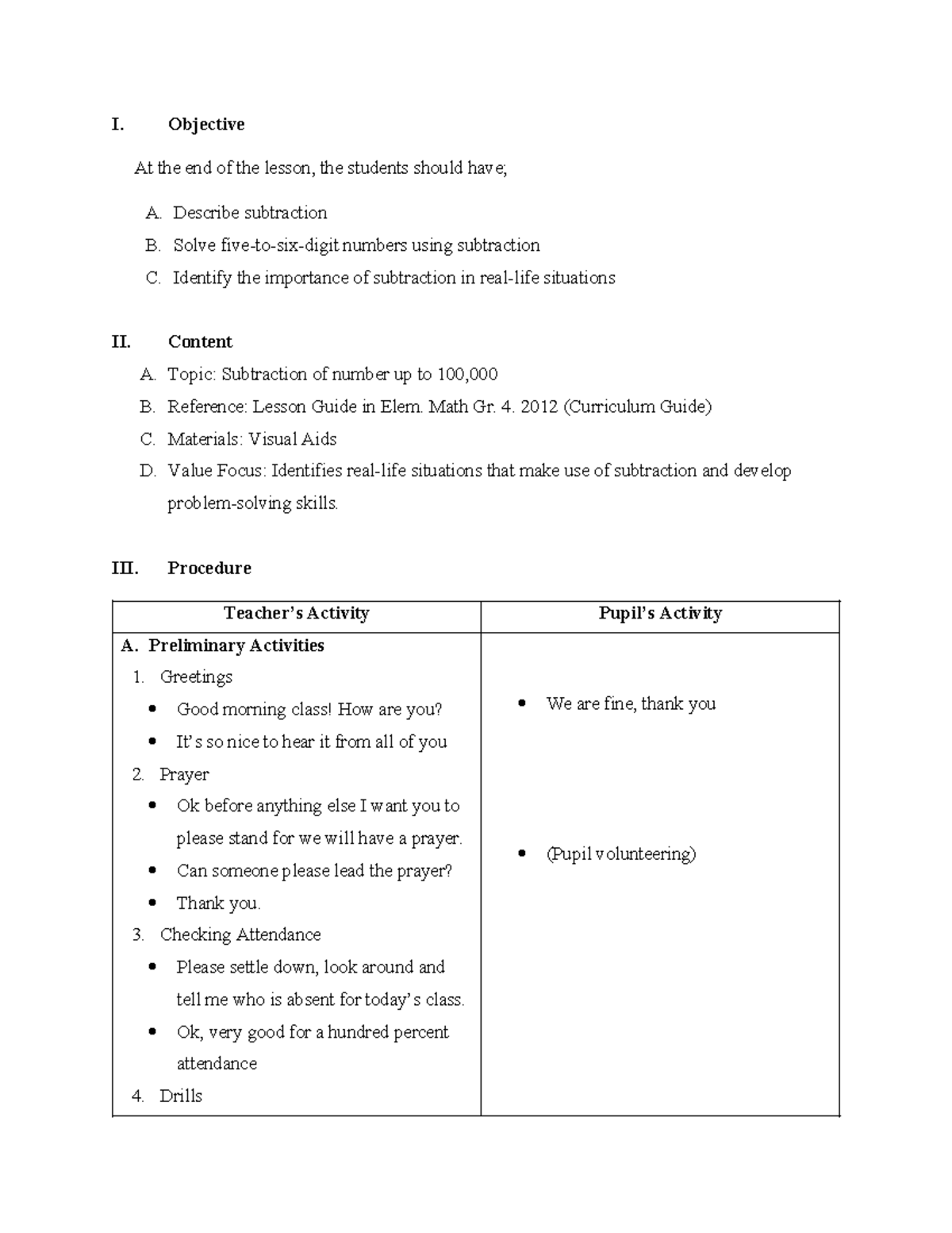 Subtraction-LP - I. Objective At the end of the lesson, the students ...