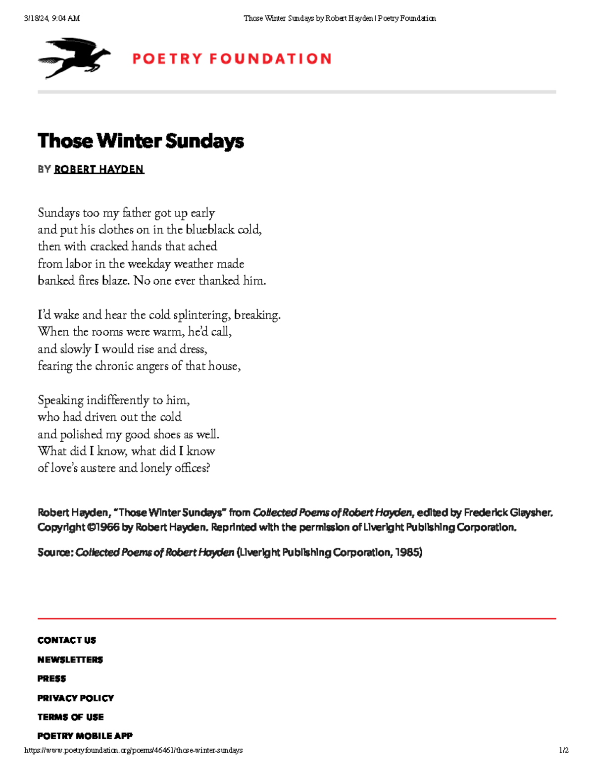 Those Winter Sundays by Robert Hayden Poetry Foundation - 3/18/24, 9:04 ...