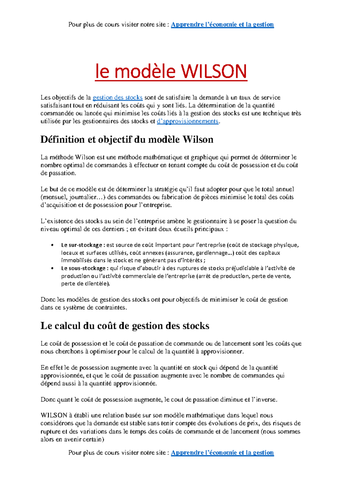 Le modèle Wilson - methode wilon - Pour plus de cours visiter notre site : Apprendre l’économie ...