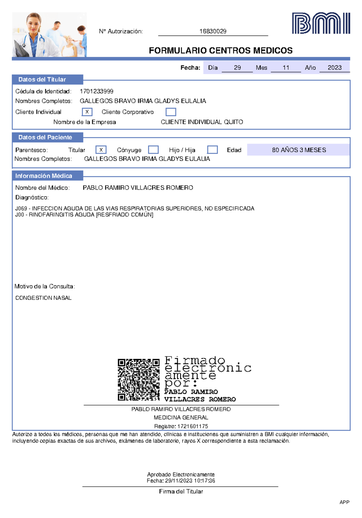 Formulario BMI 4095693 - FORMULARIO CENTROS MEDICOS N° Autorización ...