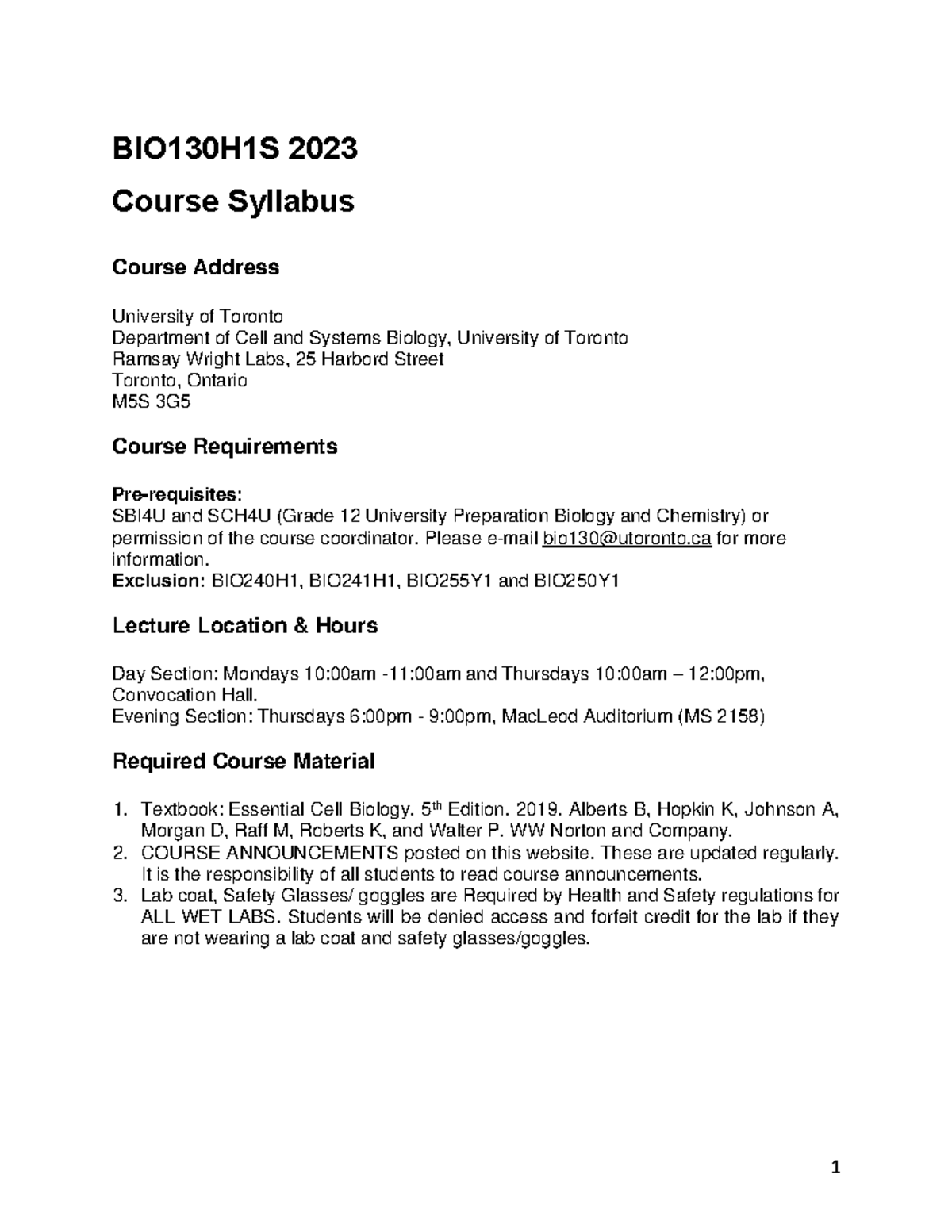 BIO130 Course Syllabus 2023-3 - BIO130H1S 2023 Course Syllabus Course ...