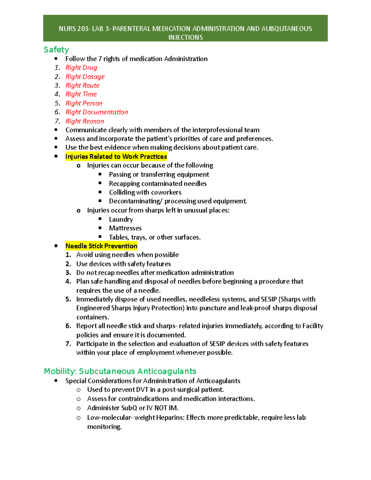 Lab 3- Parenteral Medication Administration and Sub Q Inj - INJECTIONS ...