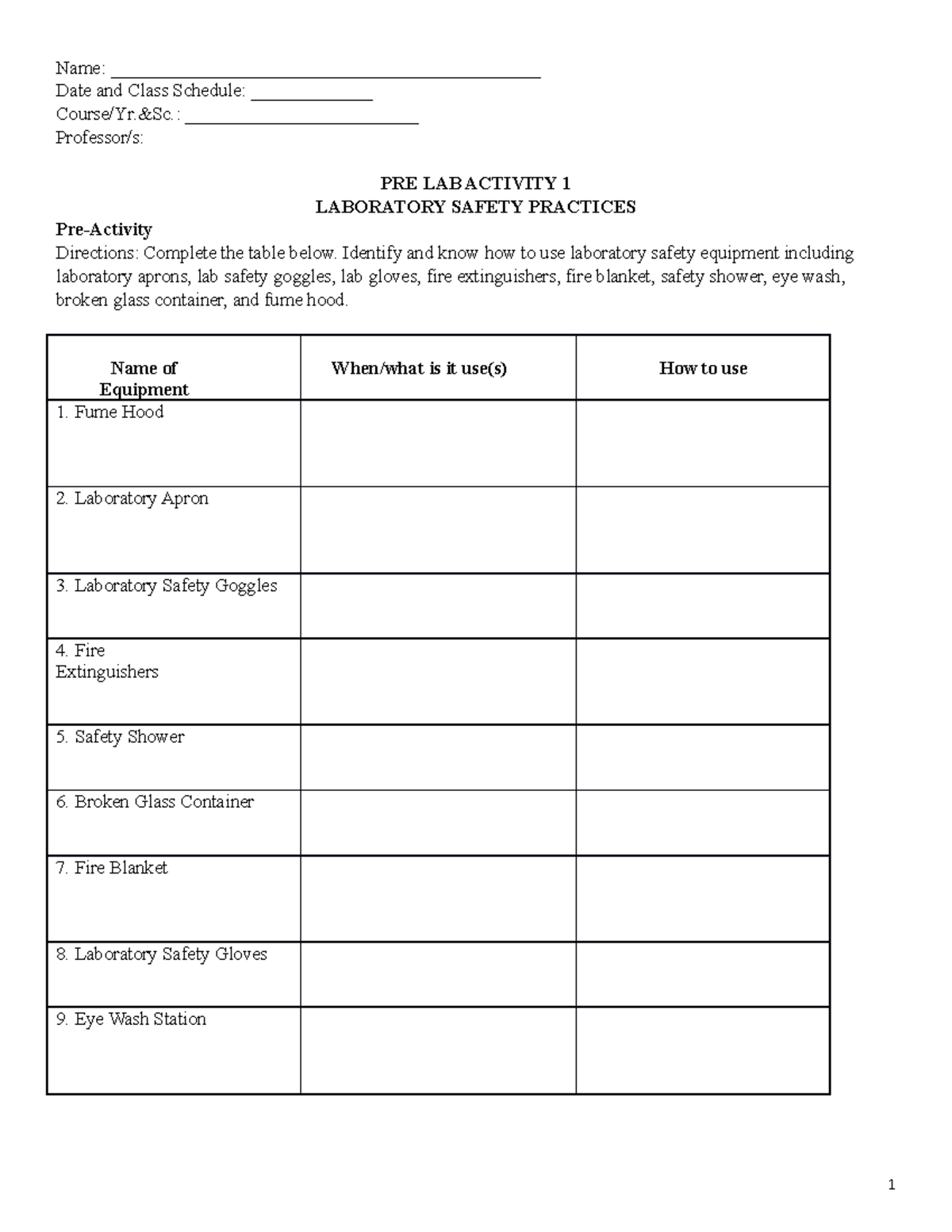 Pre Lab 1 Laboratory Safety Practices - Name