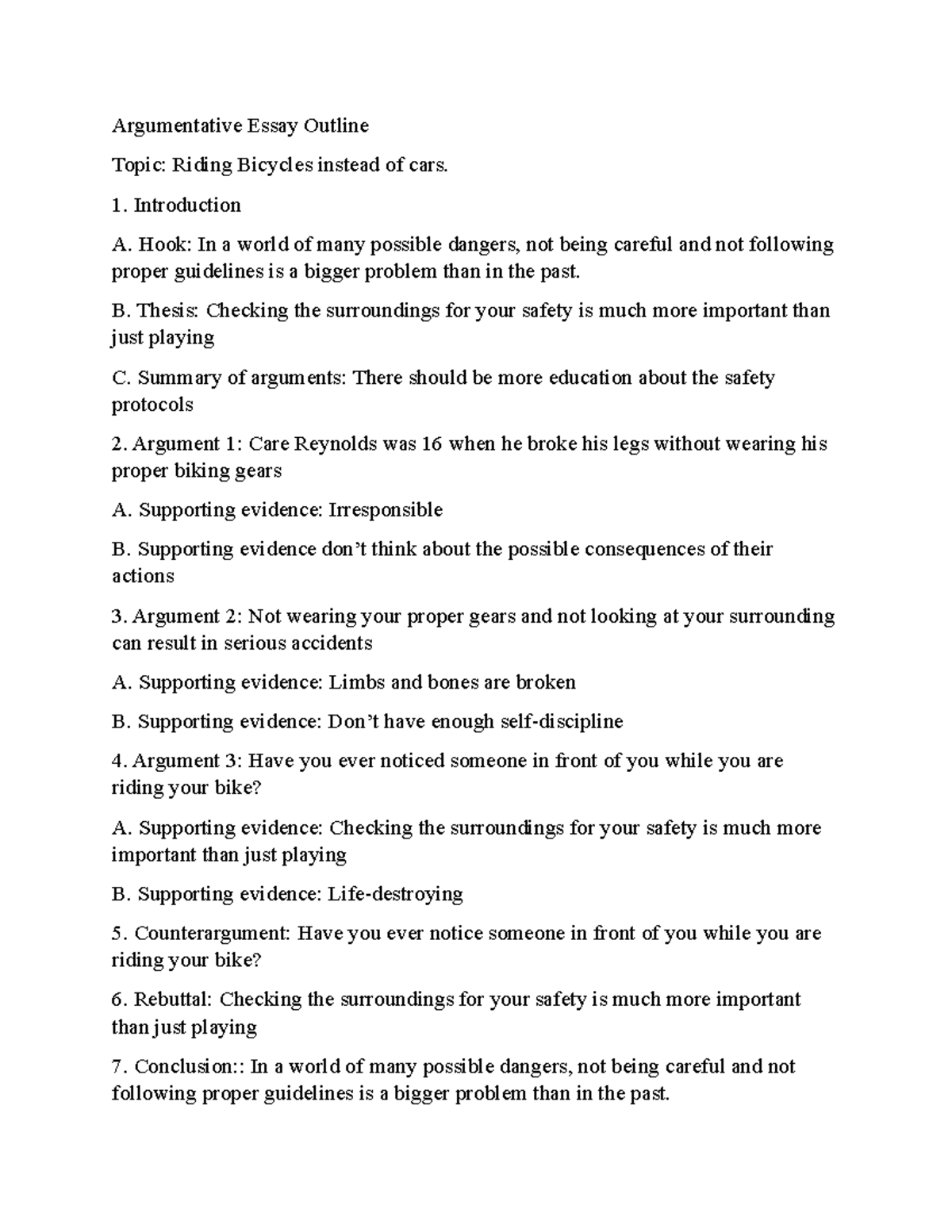 Argumentative Essay Outline Argumentative Essay Outline Topic Riding 