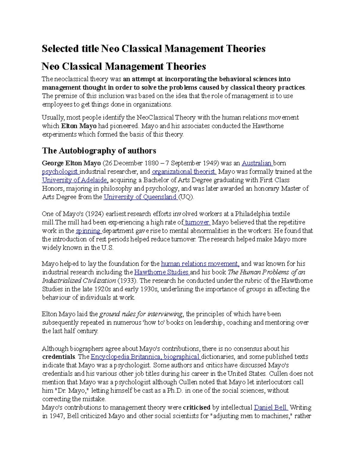 MTP Assignment - Selected title Neo Classical Management Theories Neo ...