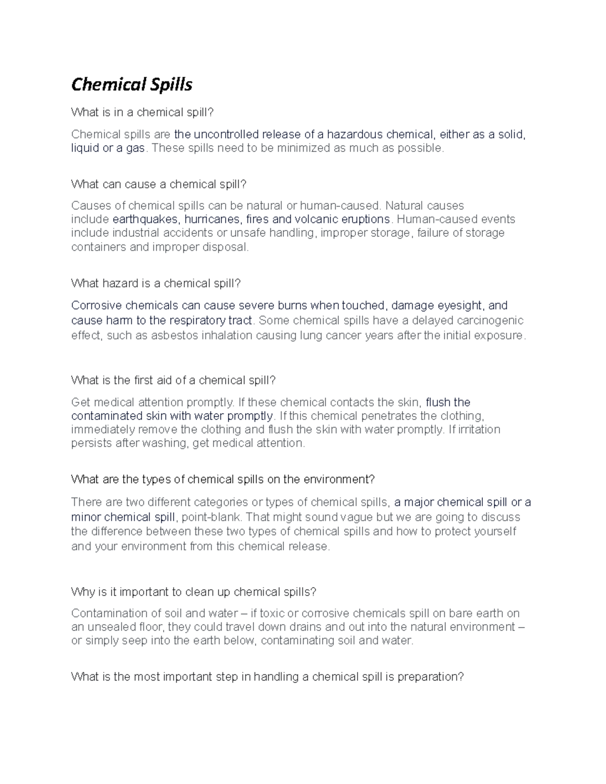 Chemical Spills - Chemical Spills What is in a chemical spill? Chemical ...