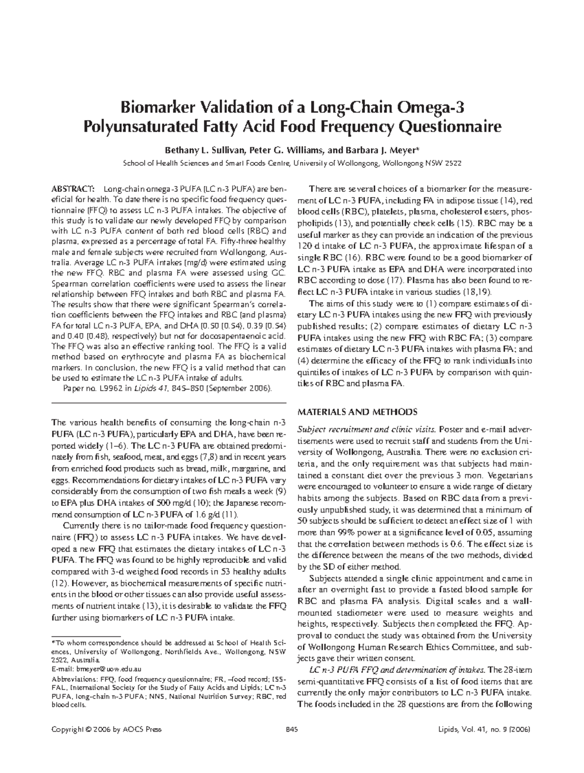 Biomarker Validation of a Long-Chain Omega-3 - ABSTRACT: Long-chain ...