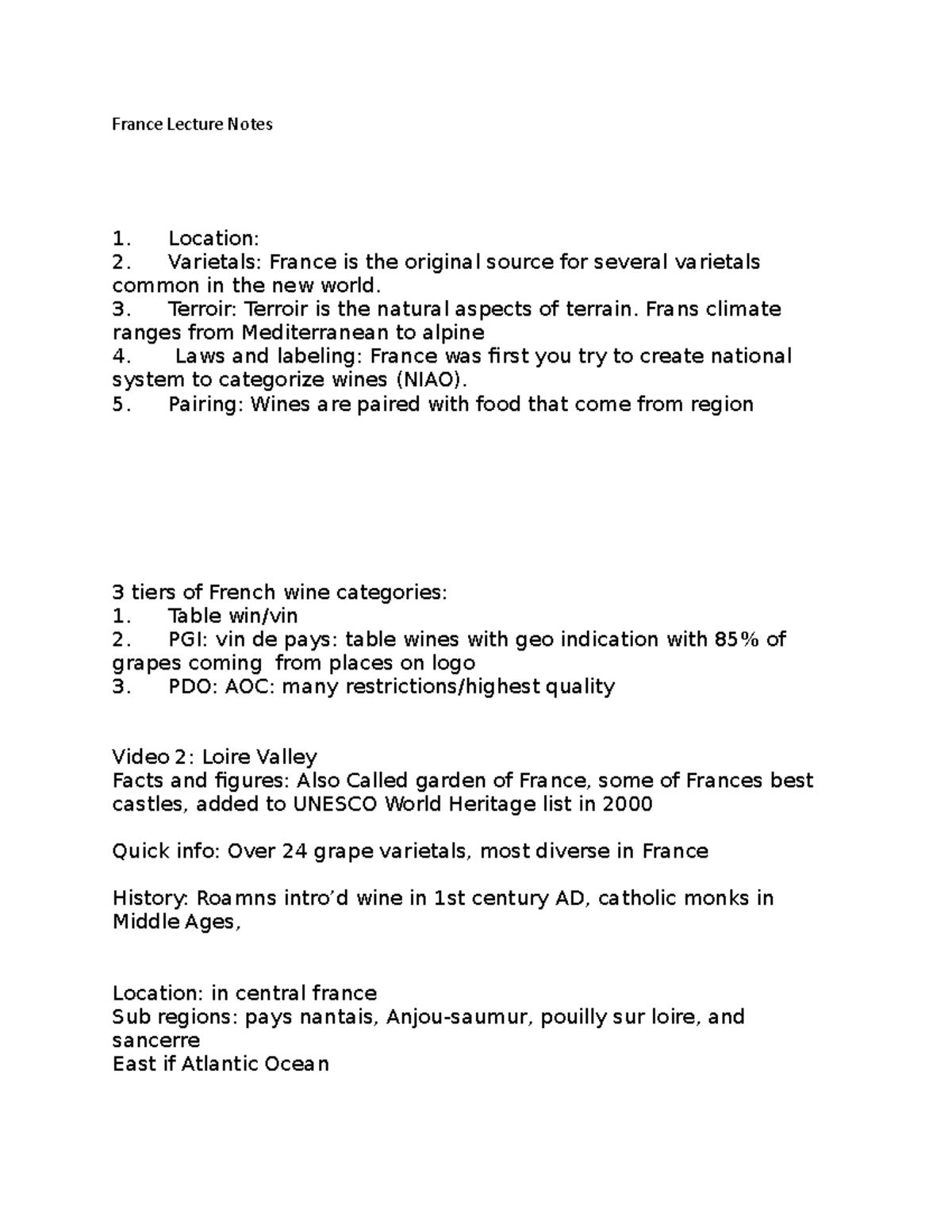 France Lecture Notes - France Lecture Notes Location: Varietals: France ...