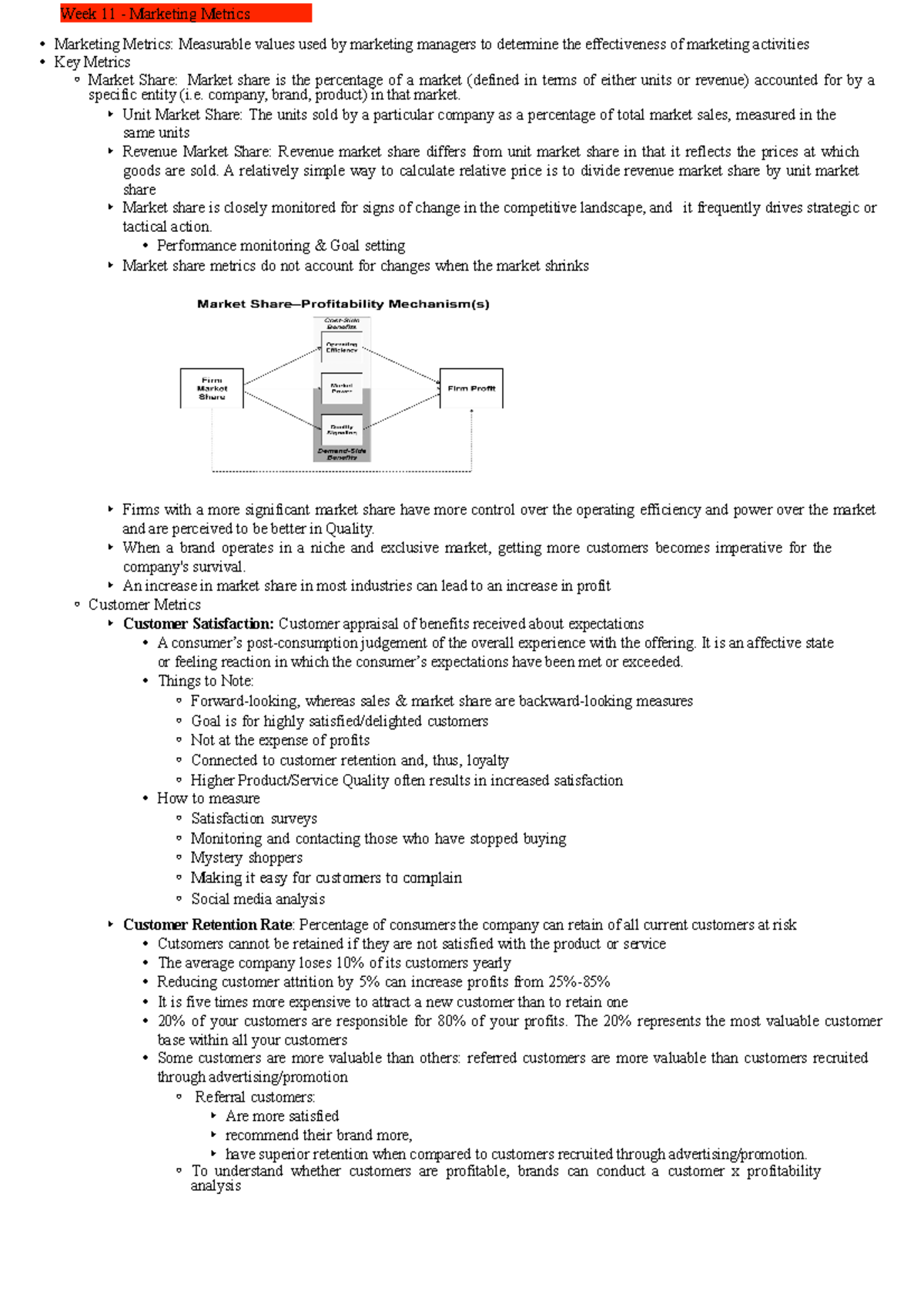 Exam print - notes - Week 11 - Marketing Metrics Marketing Metrics ...