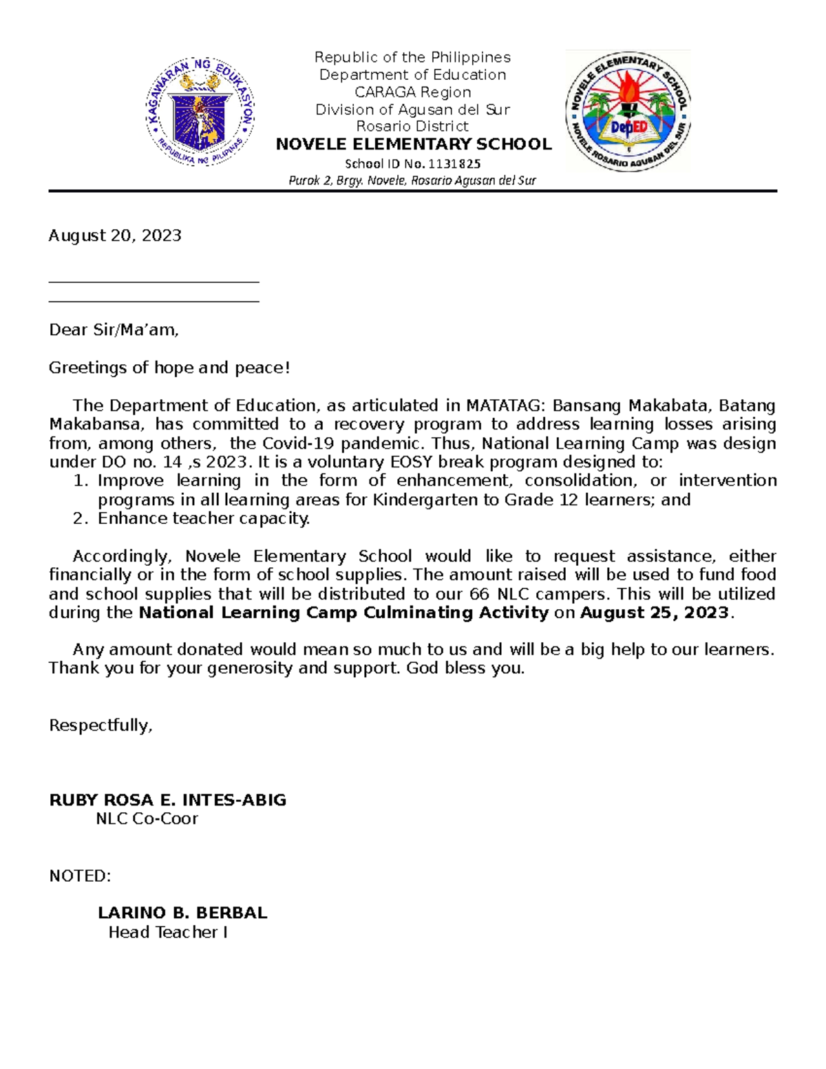 Soli - LETTER - Republic of the Philippines Department of Education CARAGA Region Division of ...