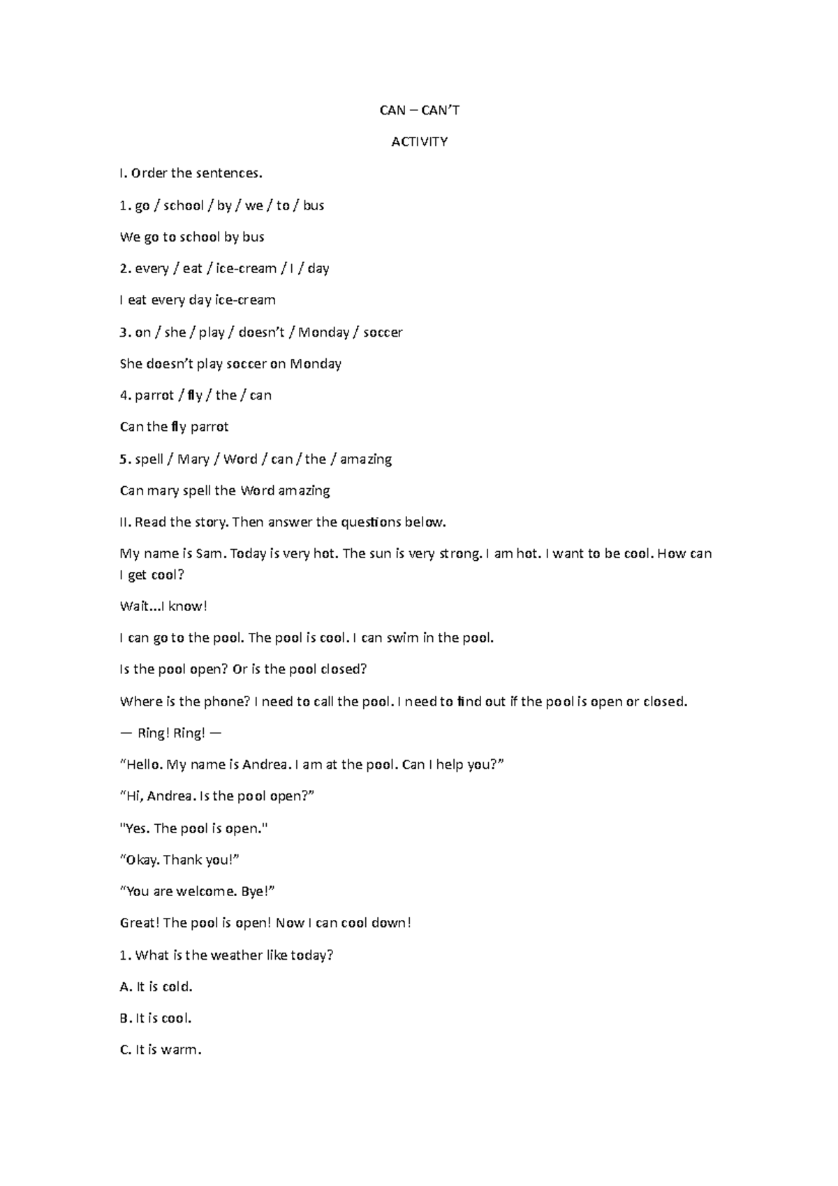 CAN - Instructions and recommendations - CAN – CAN’T ACTIVITY I. Order ...