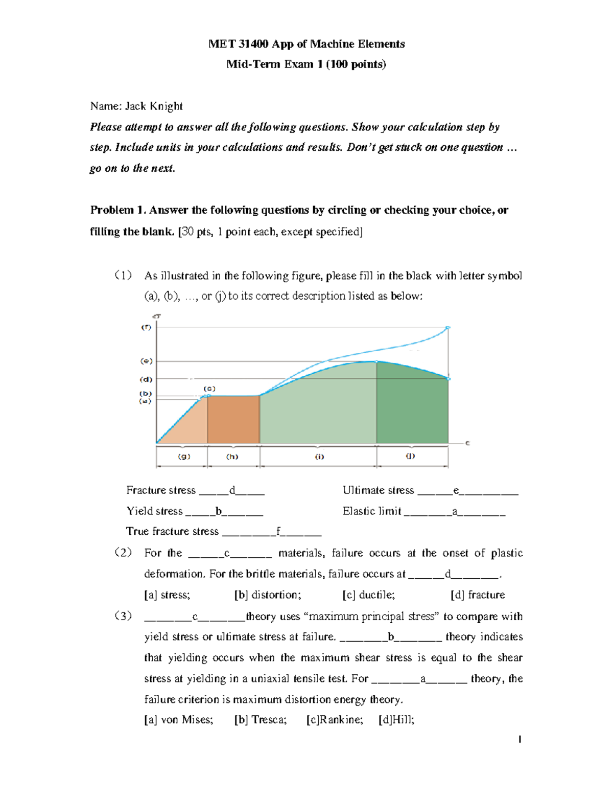 Exam 1 - eXAM 1 - MET 31400 App of Machine Elements Mid-Term Exam 1 ...