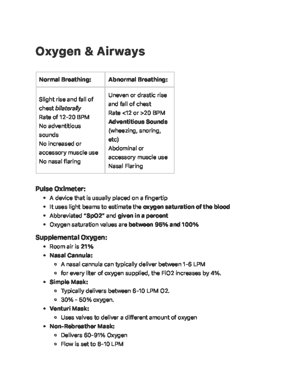 CCMA Airway and Breathing🫁 - Oxygen & Airways 🫁 Pulse Oximeter: Supplemental Oxygen: A device ...