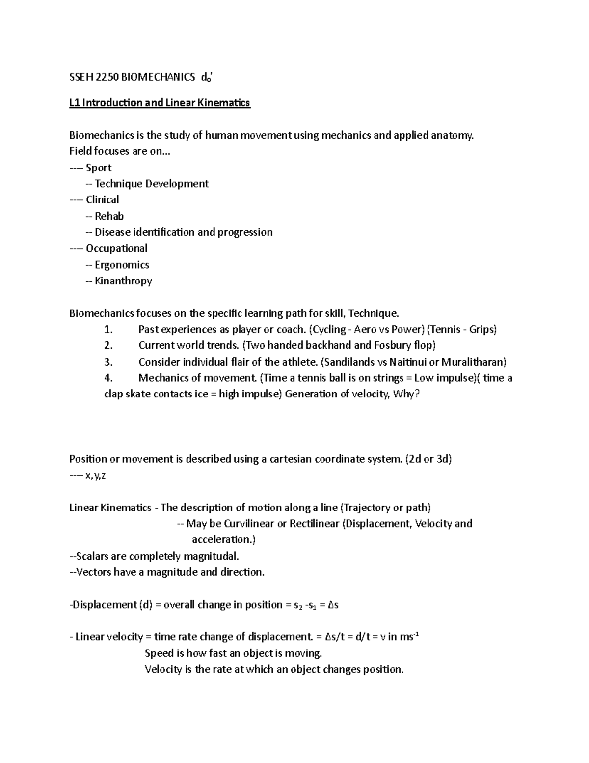 Lecture notes, entire unit - SSEH 2250 BIOMECHANICS d 0 ’ L1 ...