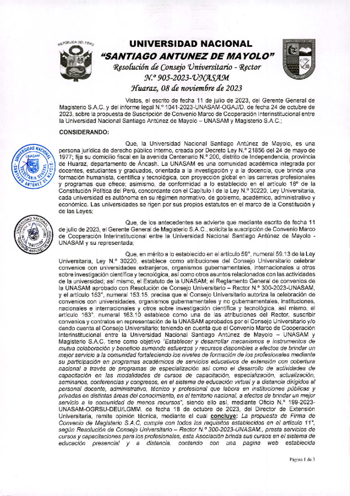 RCU N° 905 2023 - Magisterio - Unasam - REPUBLICA DEL PERU UNIVERSIDAD ...