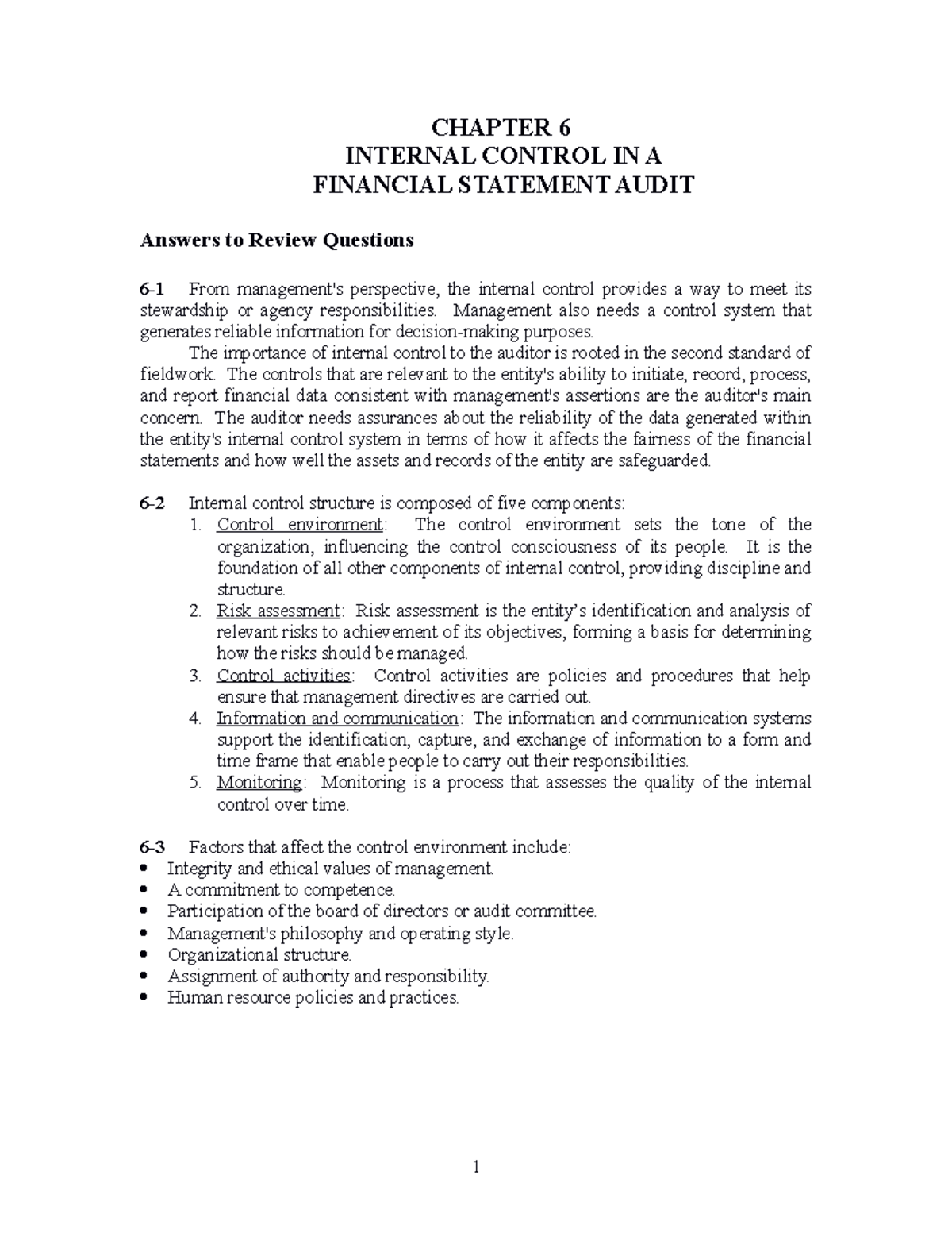 Chapter 6 - Chap 6 - CHAPTER 6 INTERNAL CONTROL IN A FINANCIAL ...