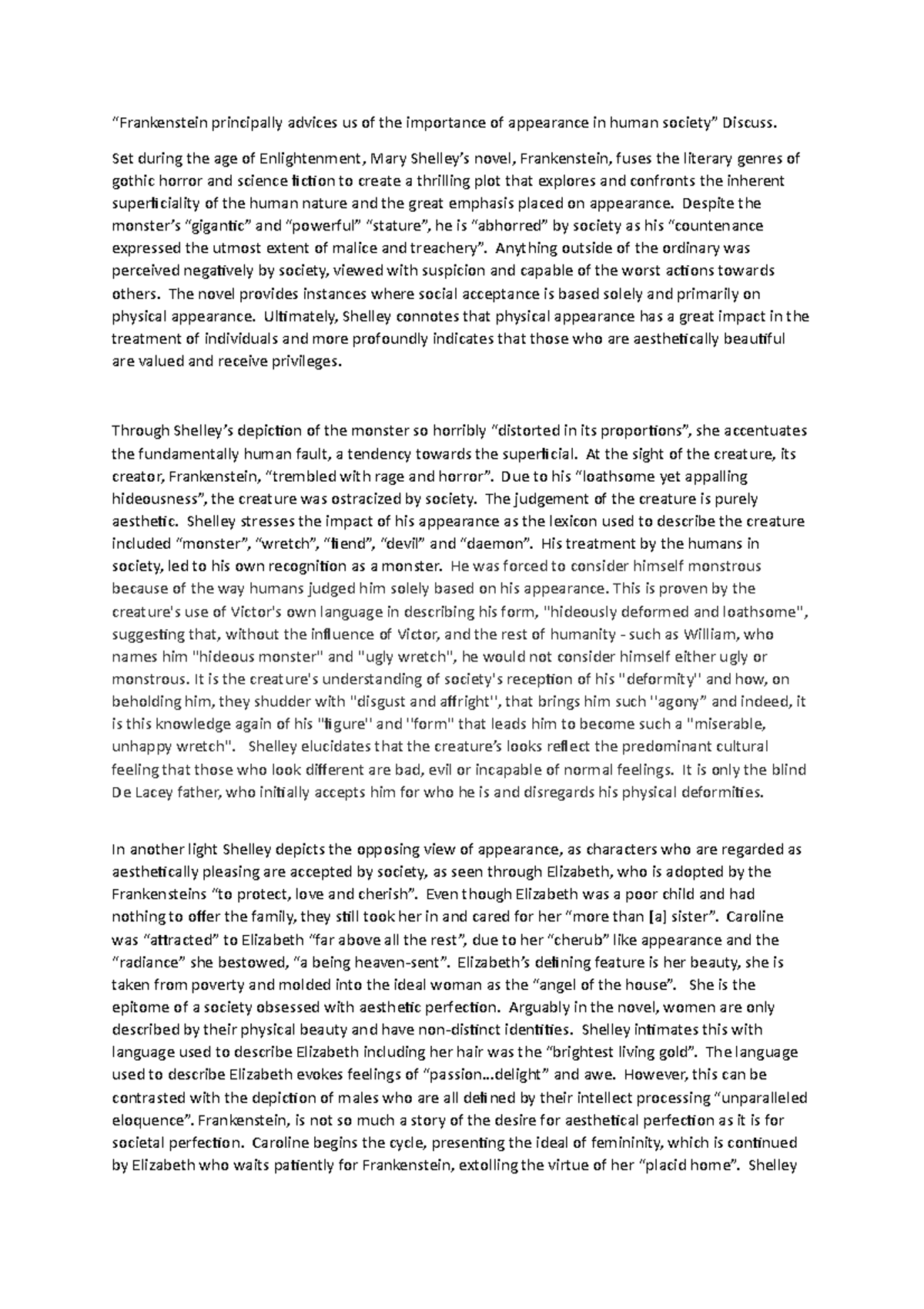 Sample essay 1 - “Frankenstein principally advices us of the importance ...