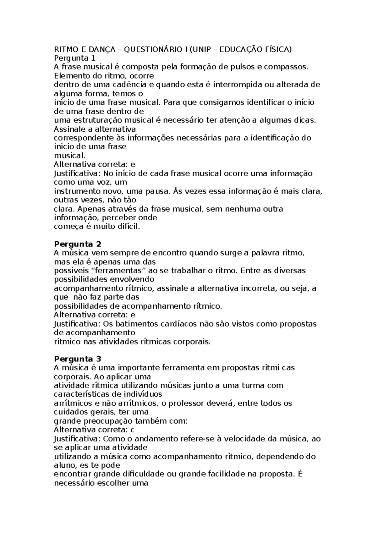 Ritmo E Dança - Resumo com perguntas e respostas da prova - RITMO E ...