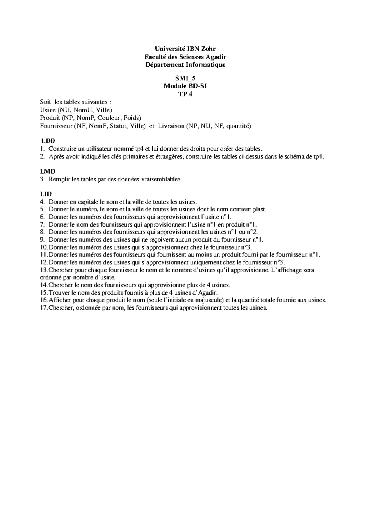 Série N°4 Bd Si Databases Course Of Agadirs Universty Université Ibn Zohr Faculté Des