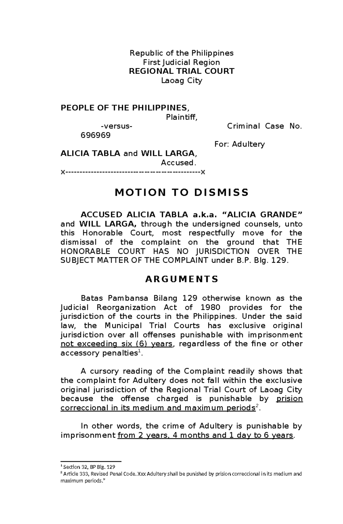 Sample Motion to Dismiss - Republic of the Philippines First Judicial Region REGIONAL TRIAL ...