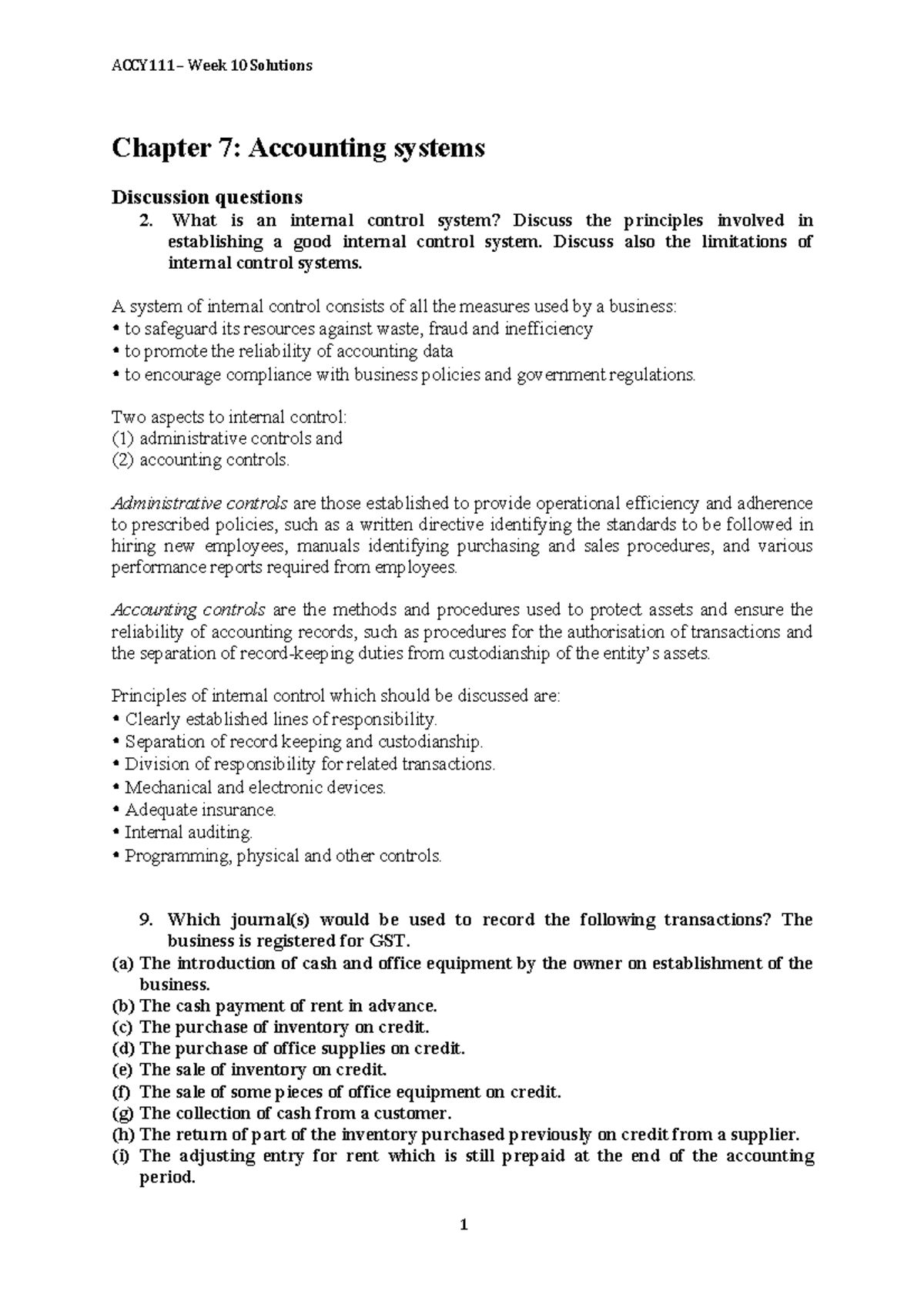 Week 10 solutions - ACCY111 – Week 10 Solutions Chapter 7: Accounting ...