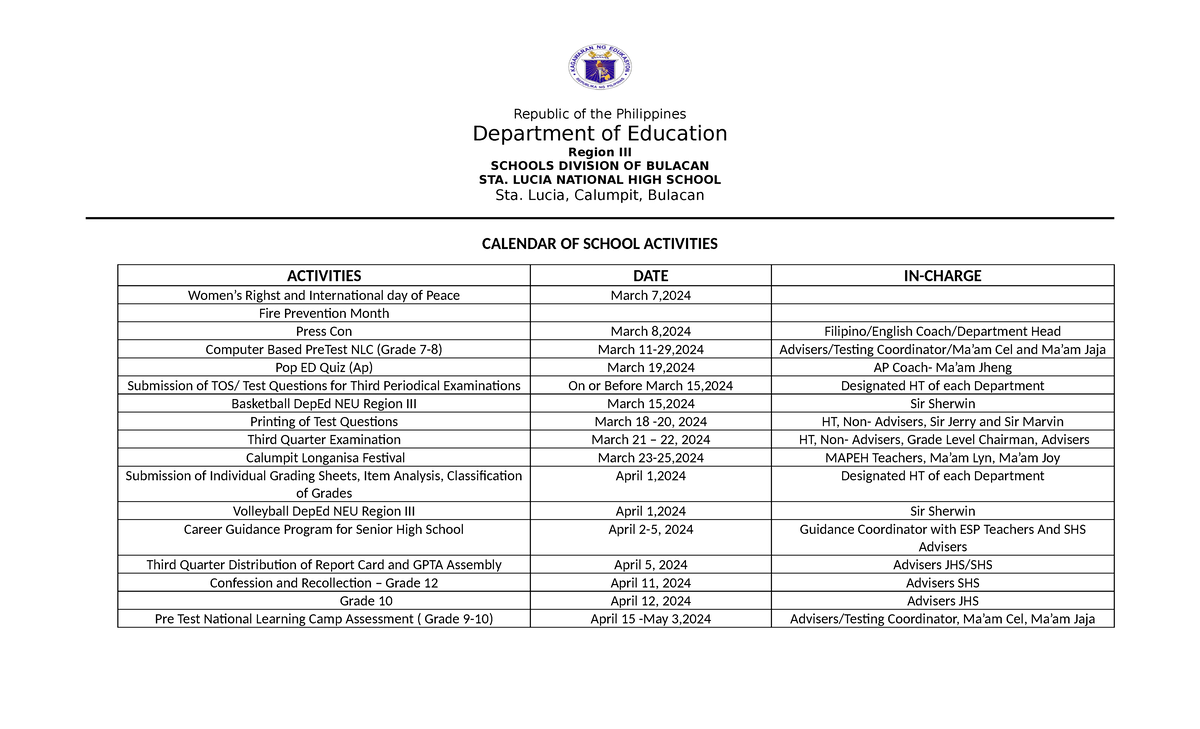 Calendar OF School Activities 2024 - Republic of the Philippines ...