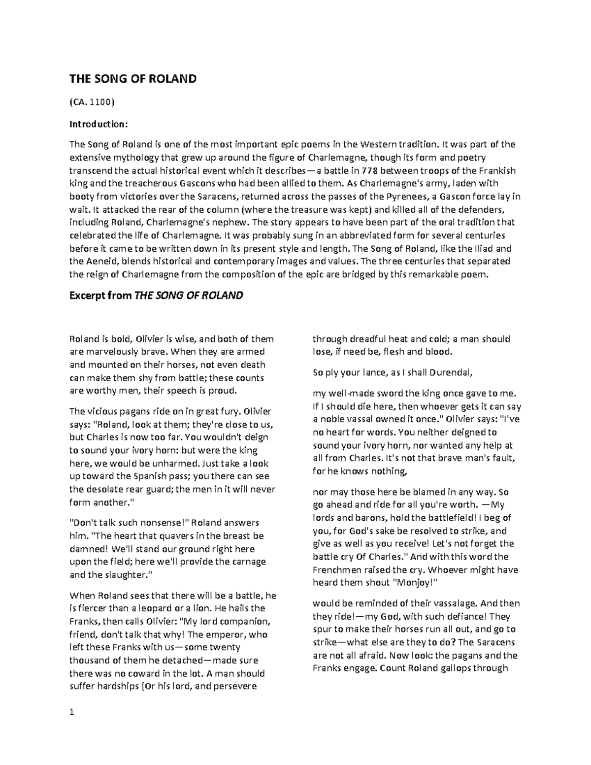 THE SONG OF Roland - THE SONG OF ROLAND (CA. 1100) Introduction: The ...