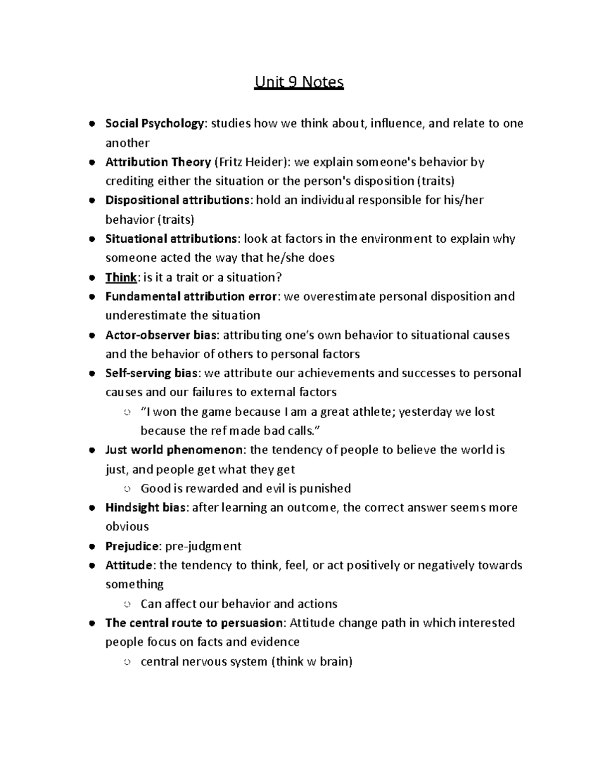 Unit 9 Notes - Unit 9 Notes Social Psychology: studies how we think ...