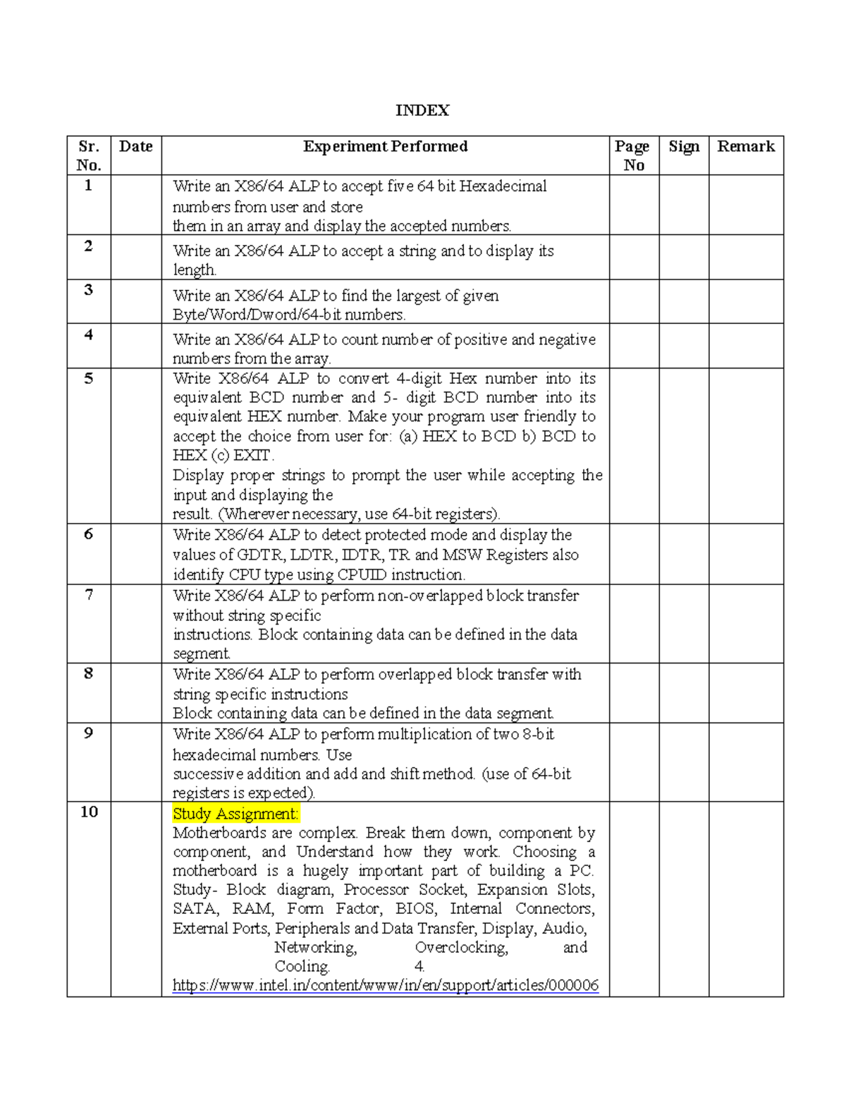 MP Manual - Microprocessor Lab - INDEX Sr. No. Date Experiment Performed Page No Sign Remark 1 ...