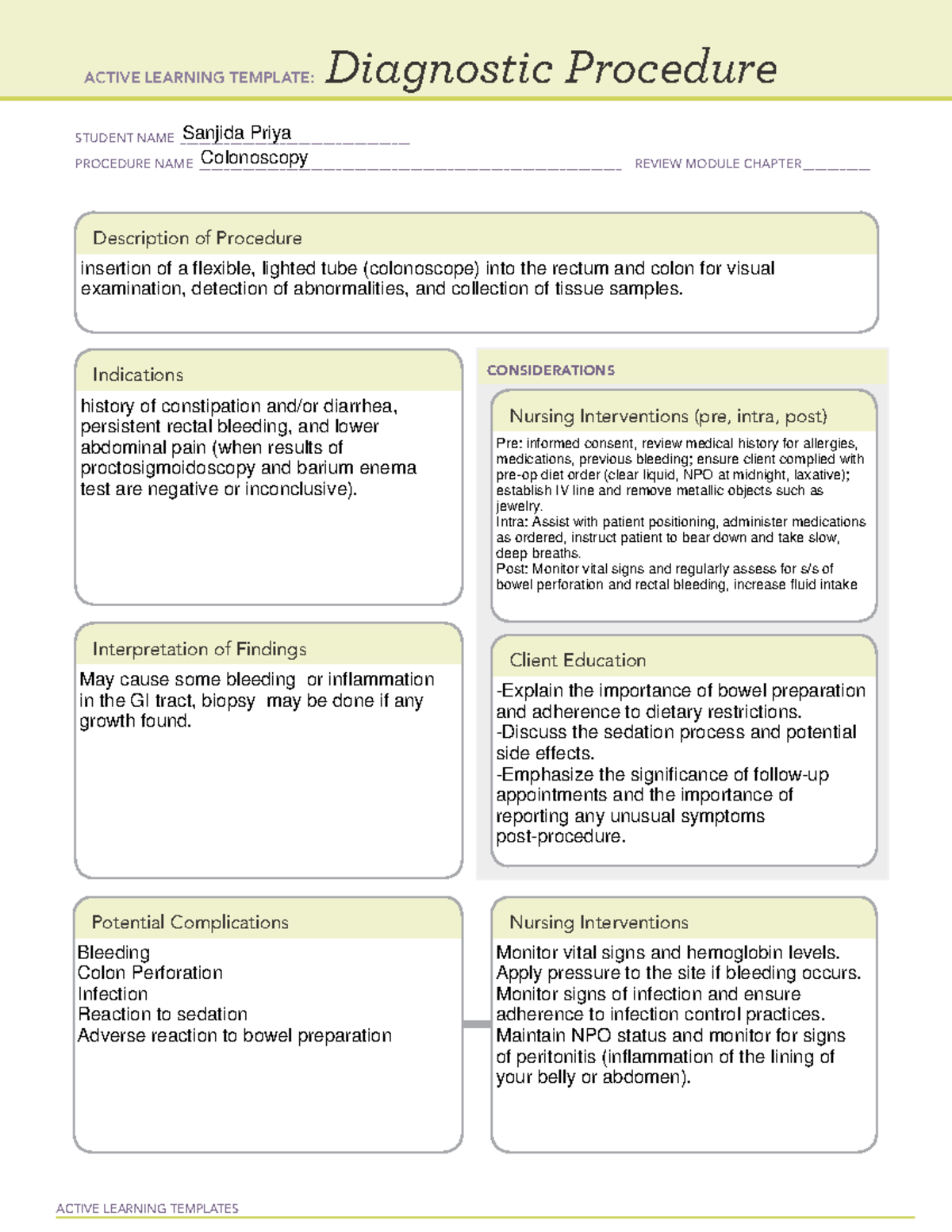 Colonoscopy Diagnostic Procedure Template - nur 450 - ACTIVE LEARNING ...