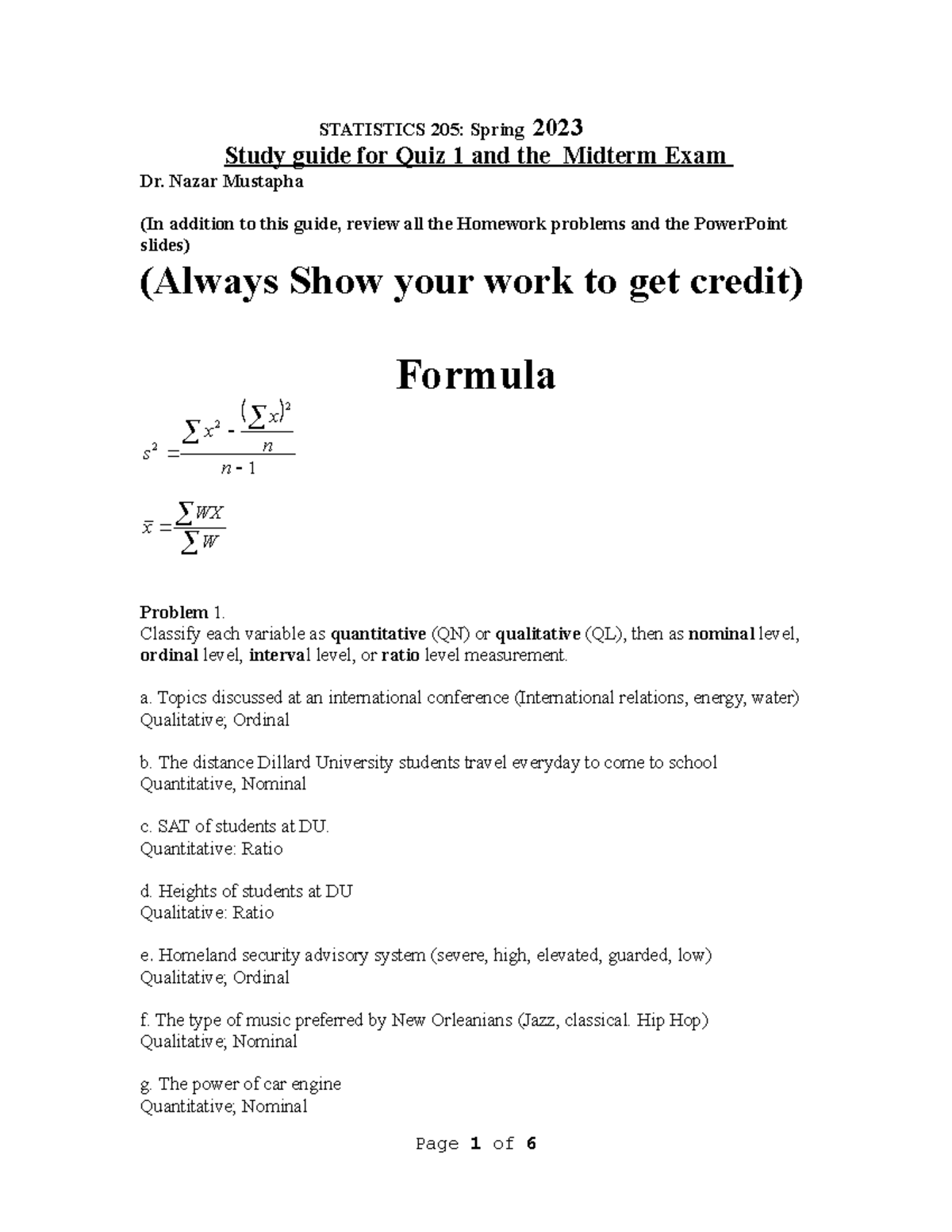 Study Guide for Quiz 1 and Midterm Exam-1 - STATISTICS 205: Spring 2023 ...