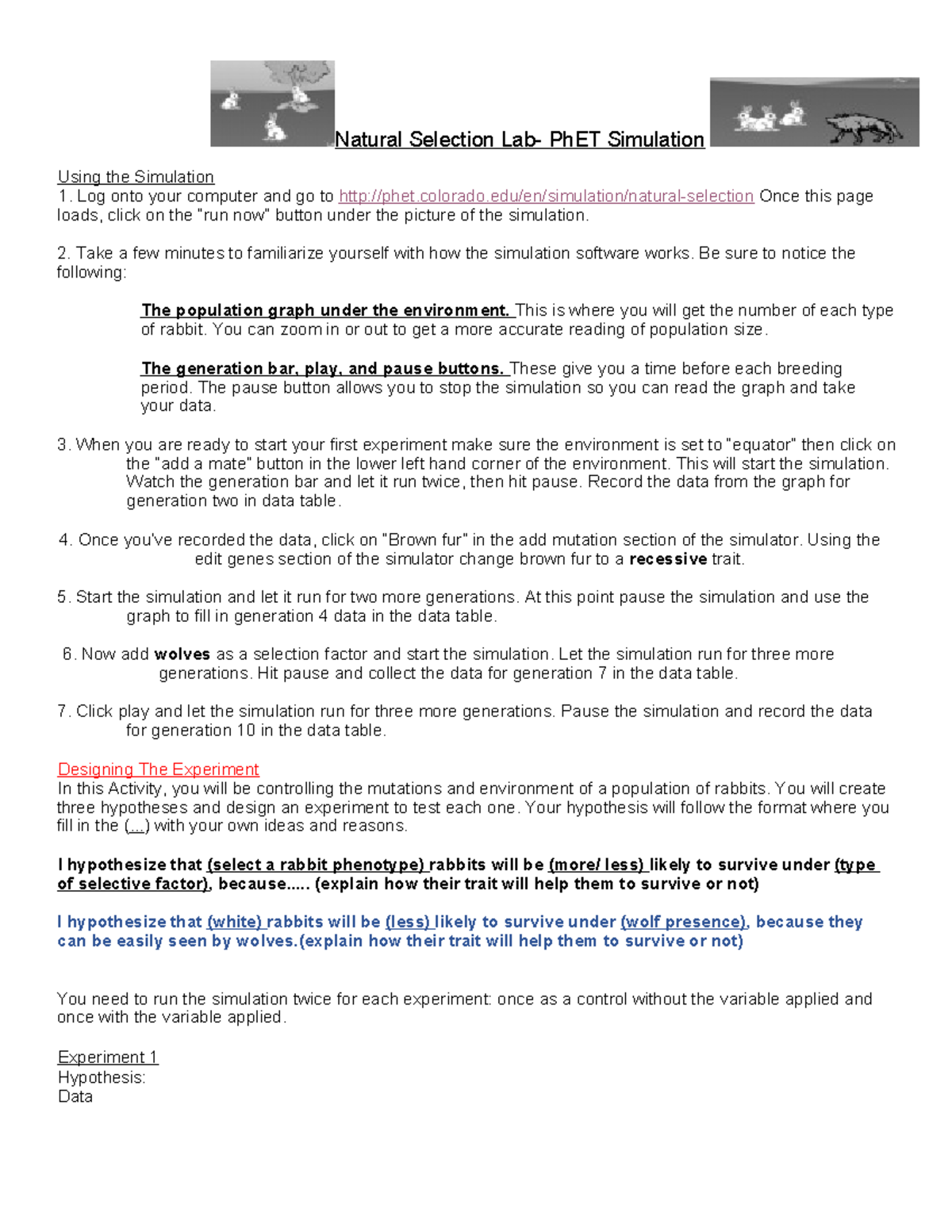 Lab2Natural Selection - Natural Selection Lab- PhET Simulation Using ...