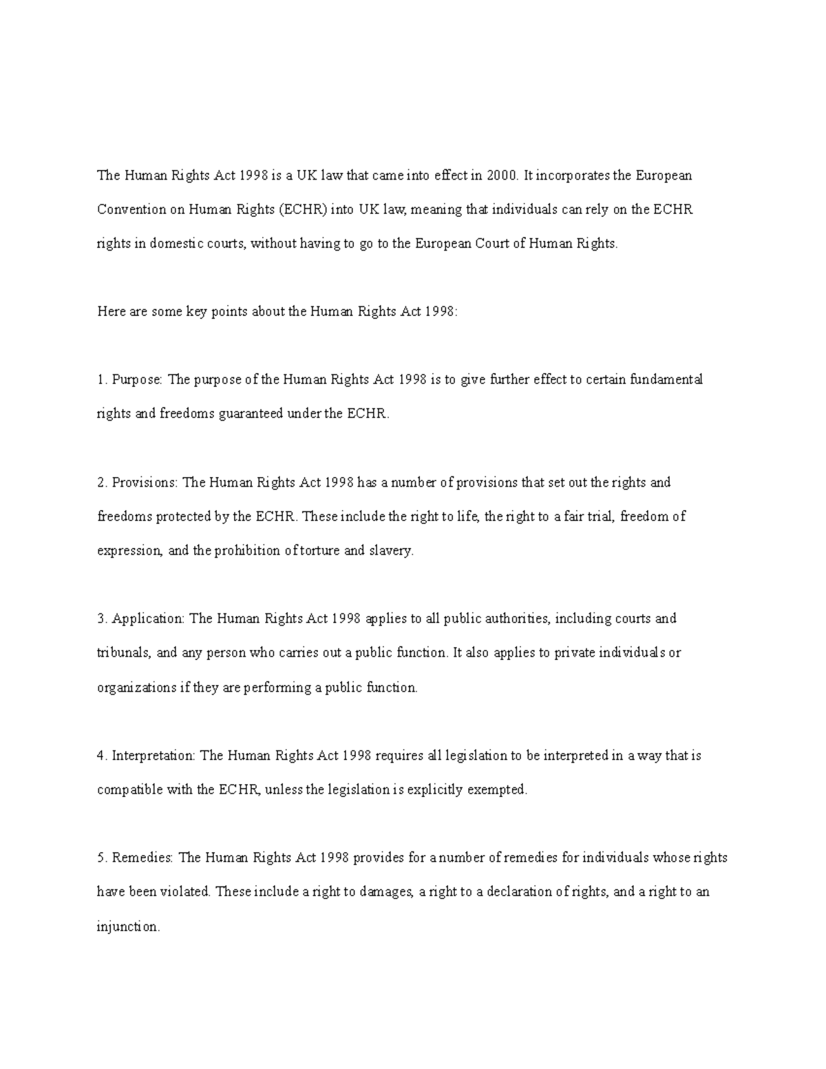 Notes on Human Rights Act 1998 - The Human Rights Act 1998 is a UK law ...